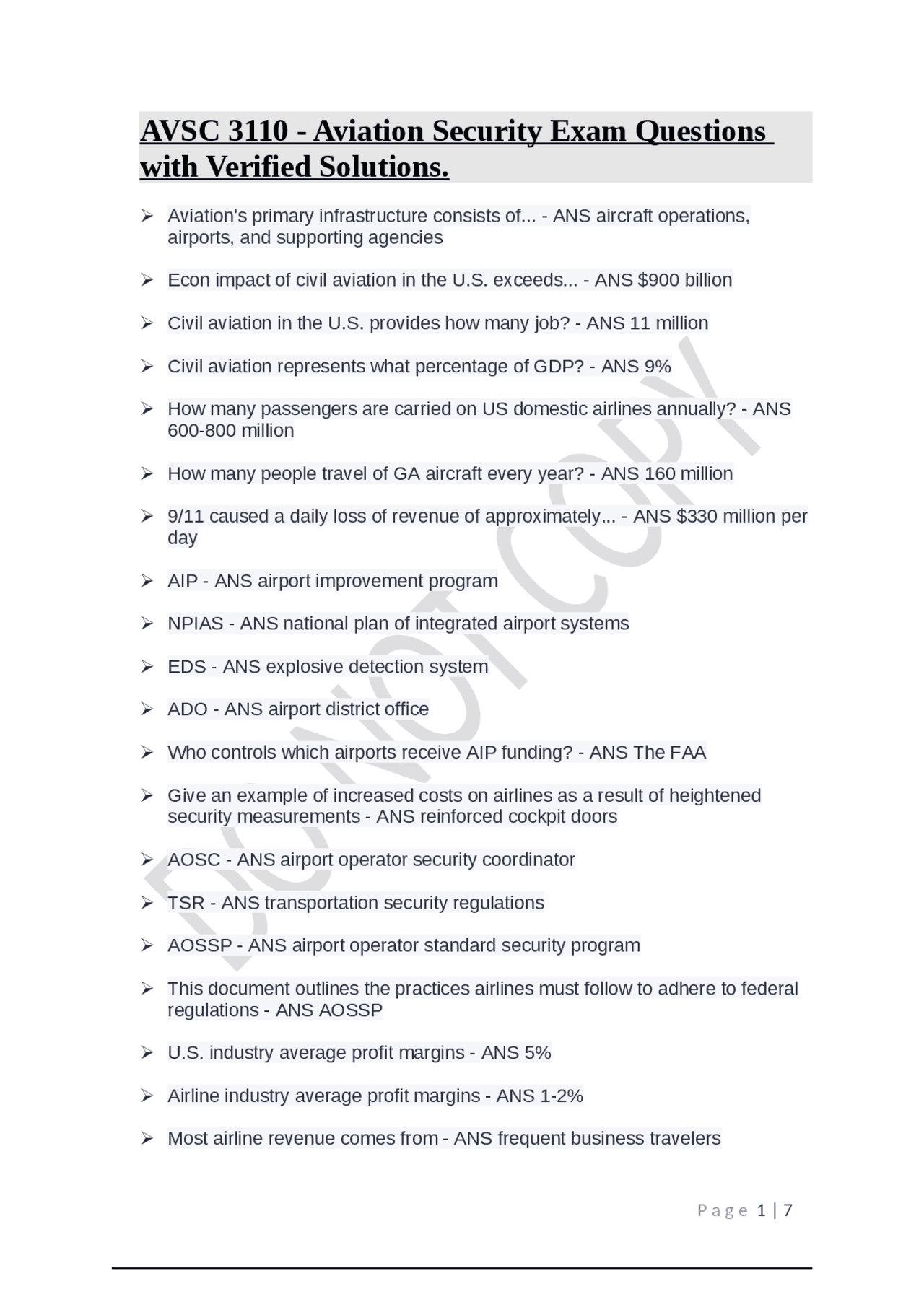 AVSC 3110 - Aviation Security Exam Questions with Verified Solutions ...