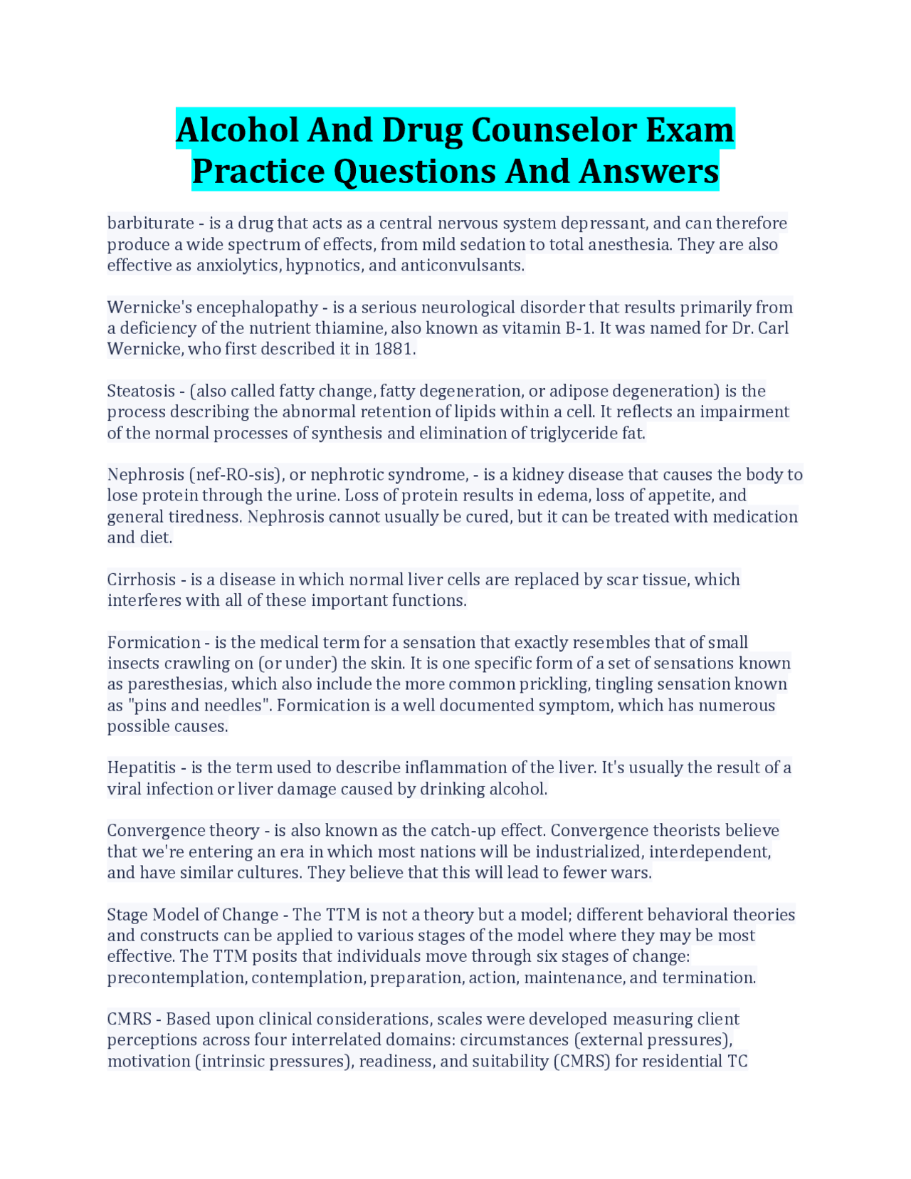 Alcohol And Drug Counselor Exam Practice Questions And Answers | Exams ...