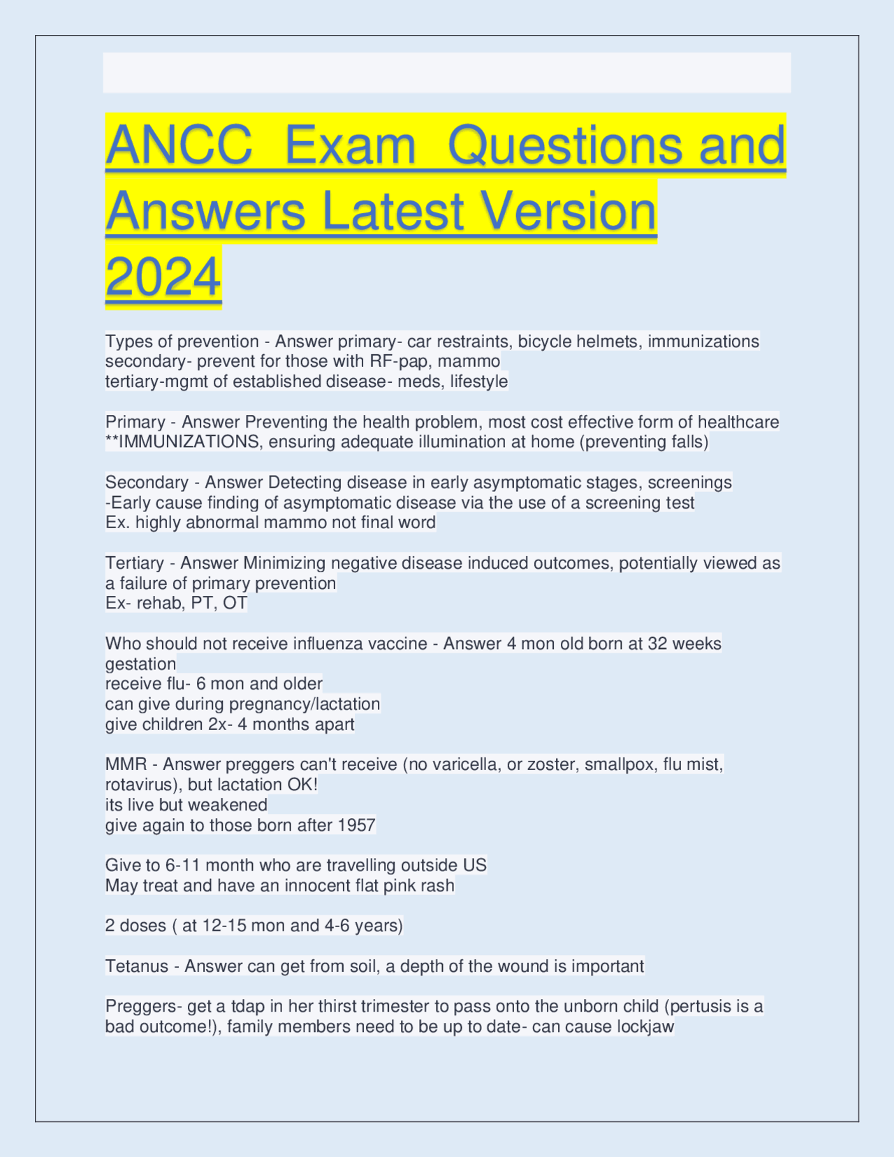 ANCC Exam Questions and Answers Latest Version 2024 | Exams Nursing ...