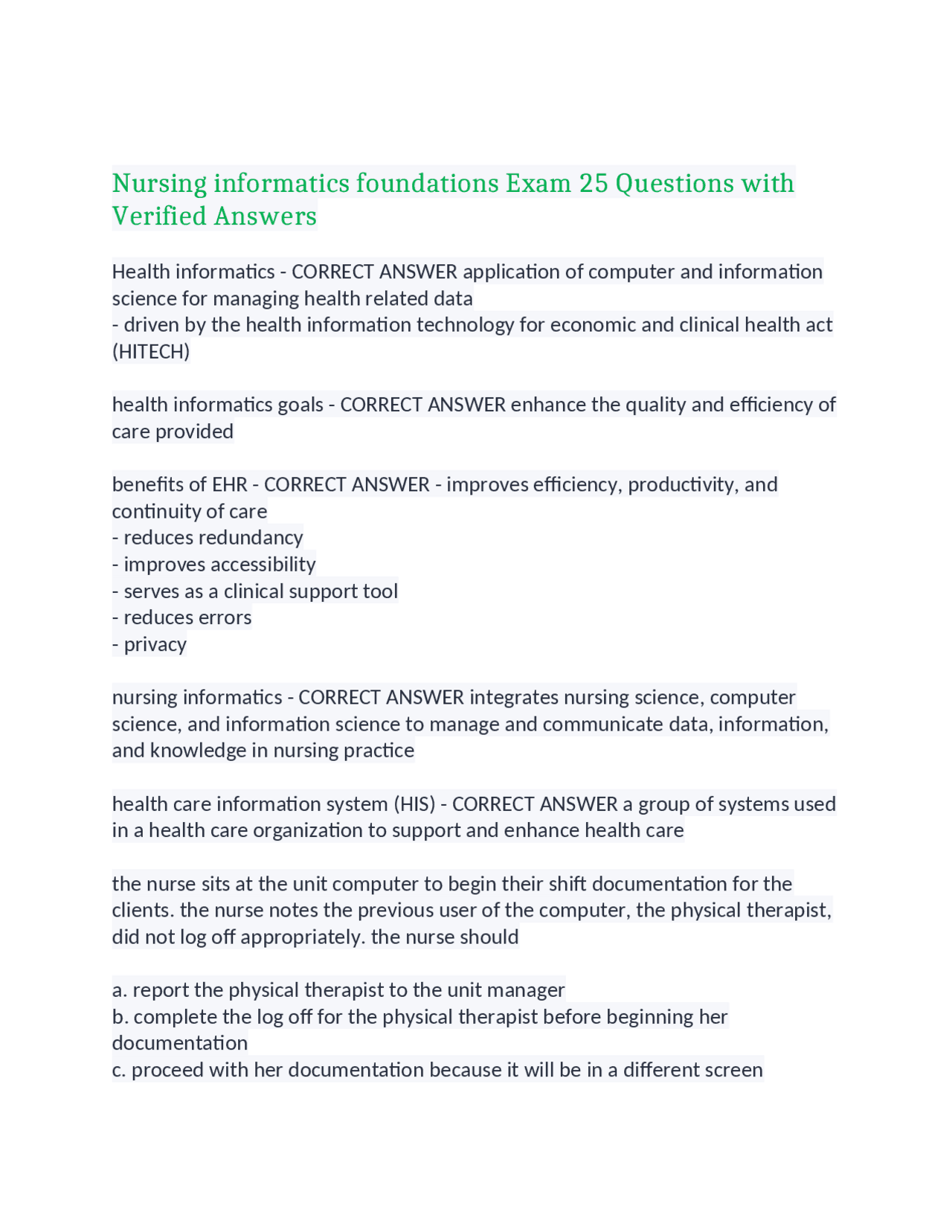Nursing informatics foundations Exam 25 Questions with Verified Answers ...