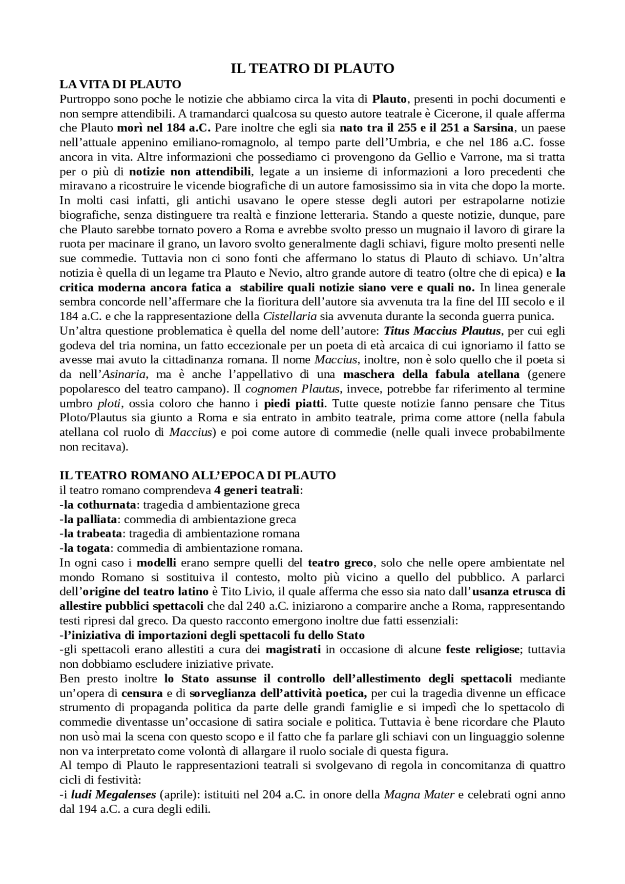appunti sul teatro di plauto | Schemi e mappe concettuali di ...