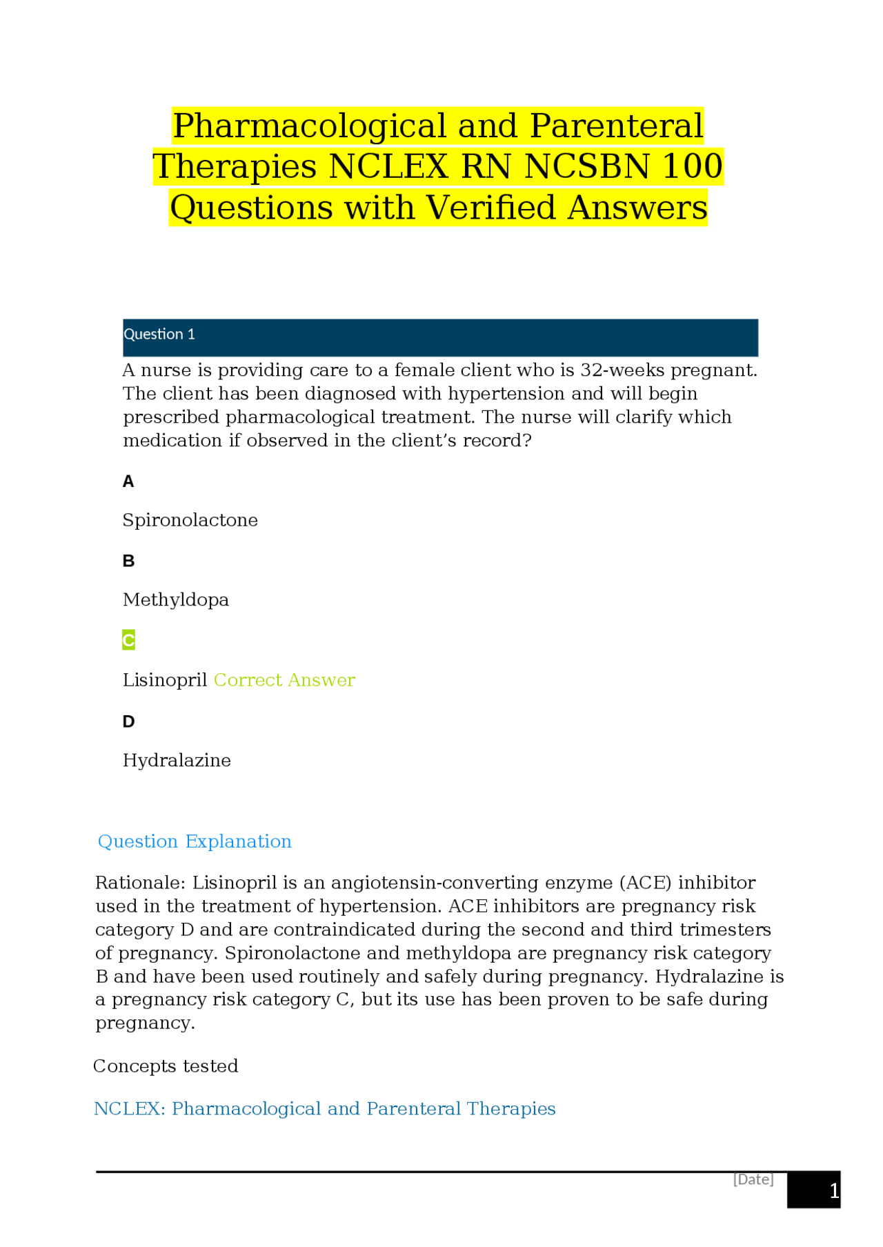 Pharmacological and Parenteral Therapies NCLEX RN NCSBN 100 Questions with Verified Answer ...