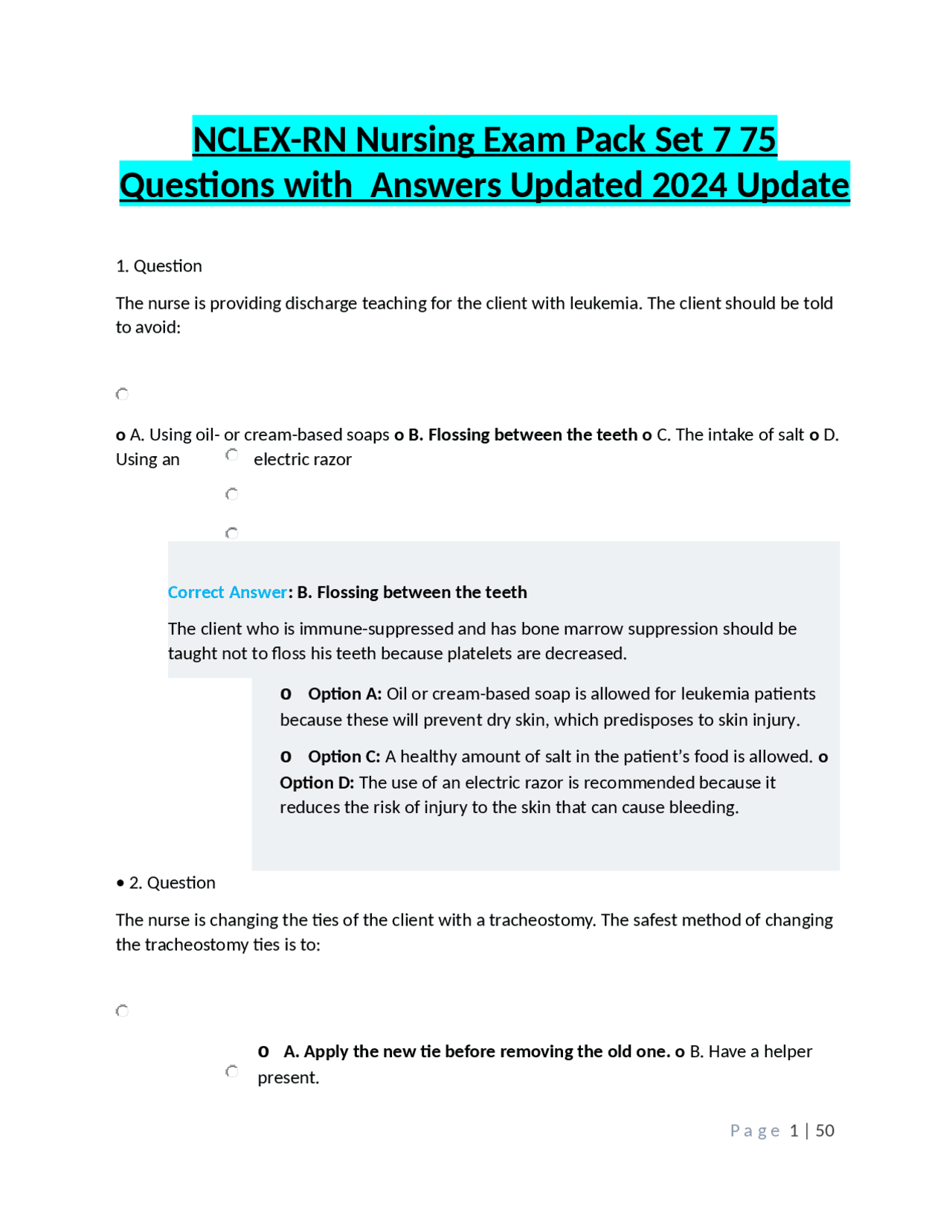 NCLEX-RN Nursing Exam Pack Set 7 75 Questions with Answers Updated 2024 Update | Exams Nursing ...