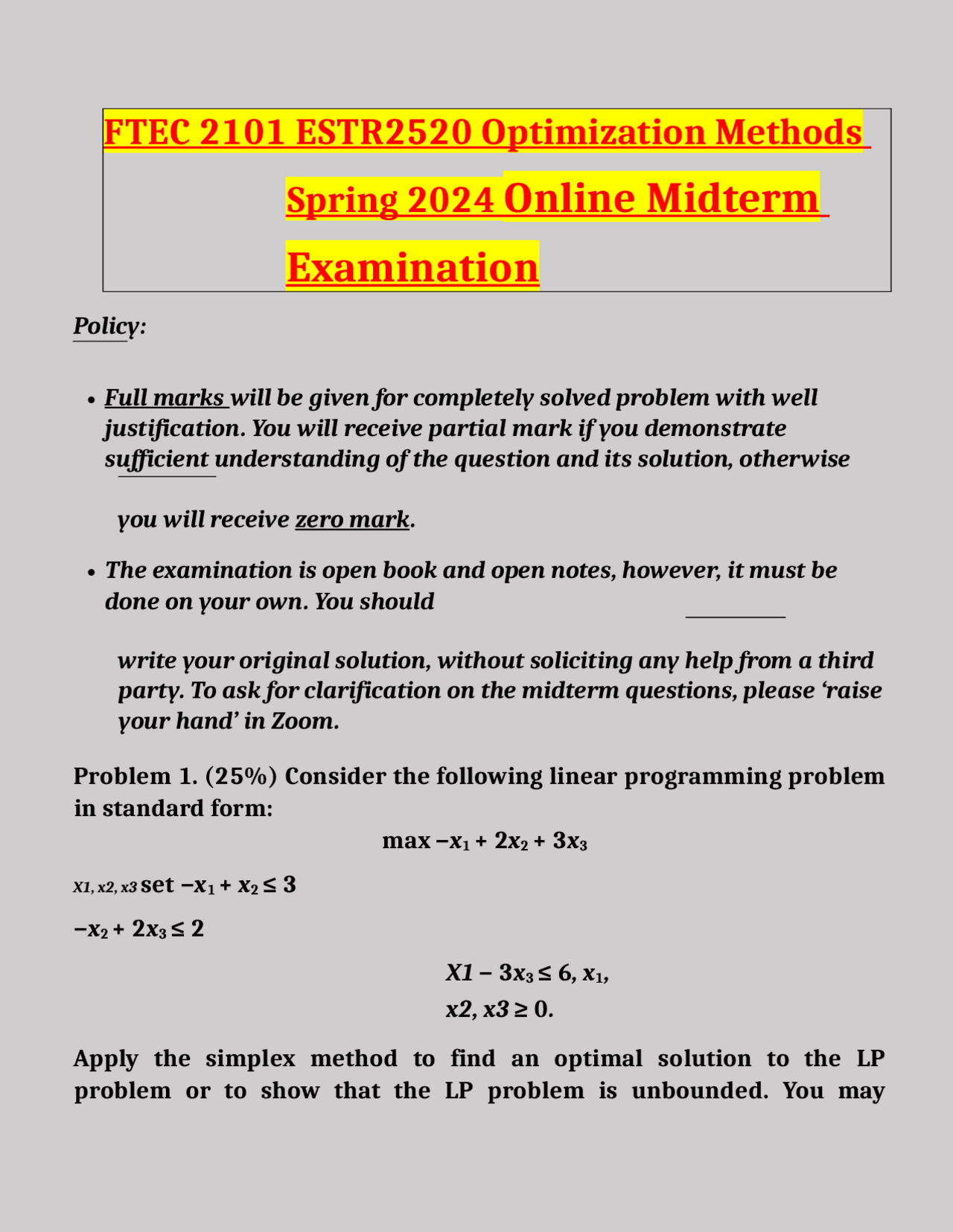 Optimization Methods Midterm Exam Solutions for FTEC 2101 ESTR2520 | Exams Mathematics | Docsity