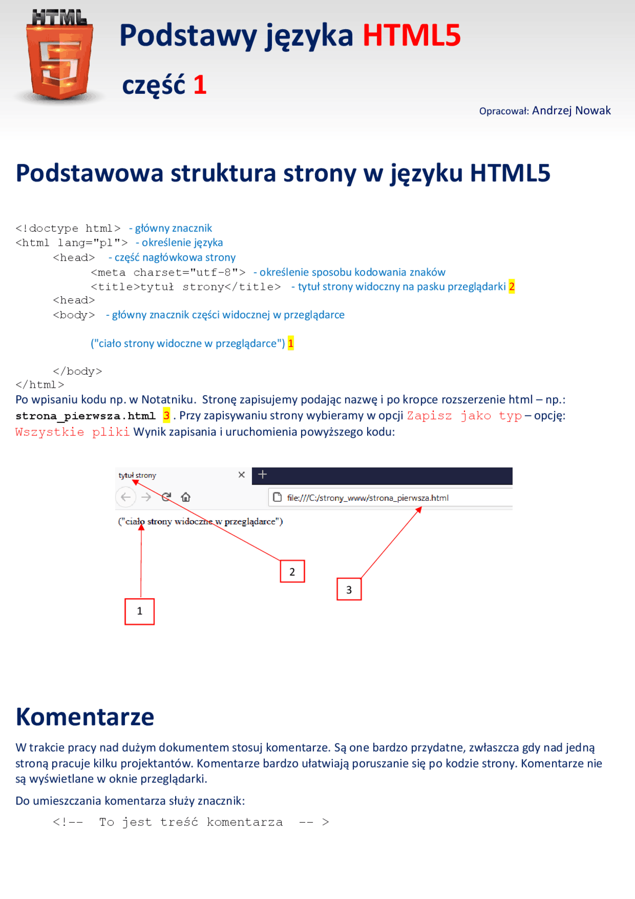 HTML tutorial for class 1 | Skrypty Informatyka | Docsity