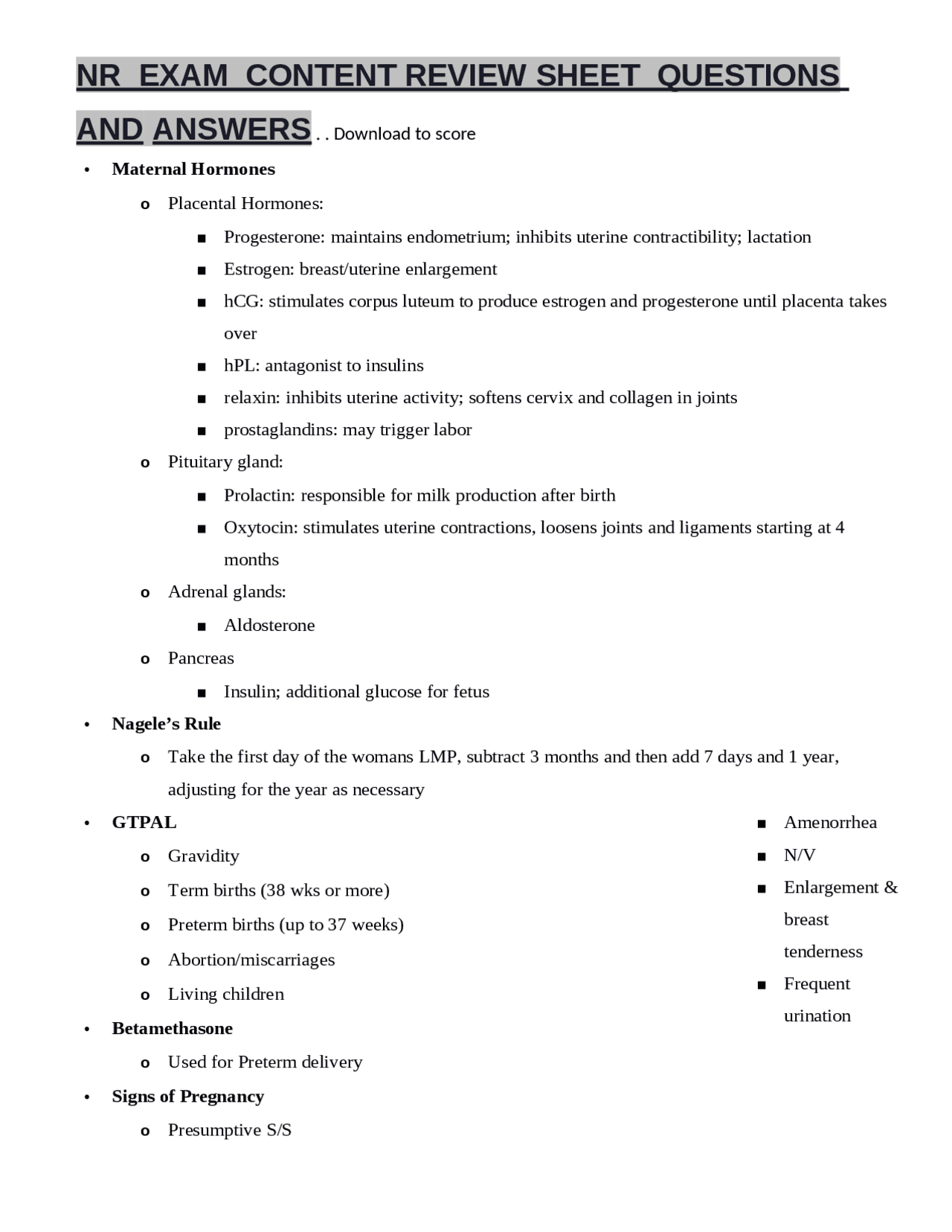 NR EXAM CONTENT REVIEW SHEET QUESTIONS AND ANSWERS . . Download to ...