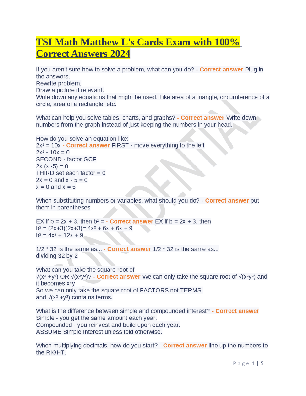 TSI Math Matthew L's Cards Exam with 100% Correct Answers 2024 | Exams Mathematics | Docsity