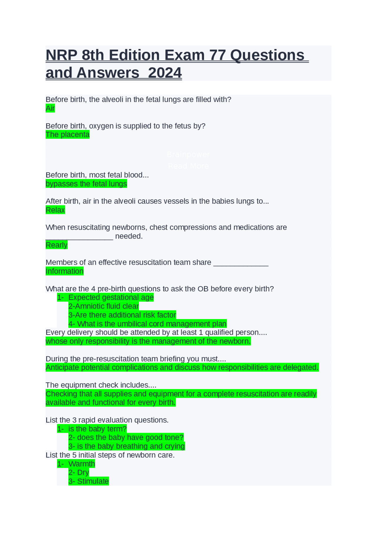 NRP 8th Edition Exam 77 Questions and Answers 2024 | Exams Nursing ...