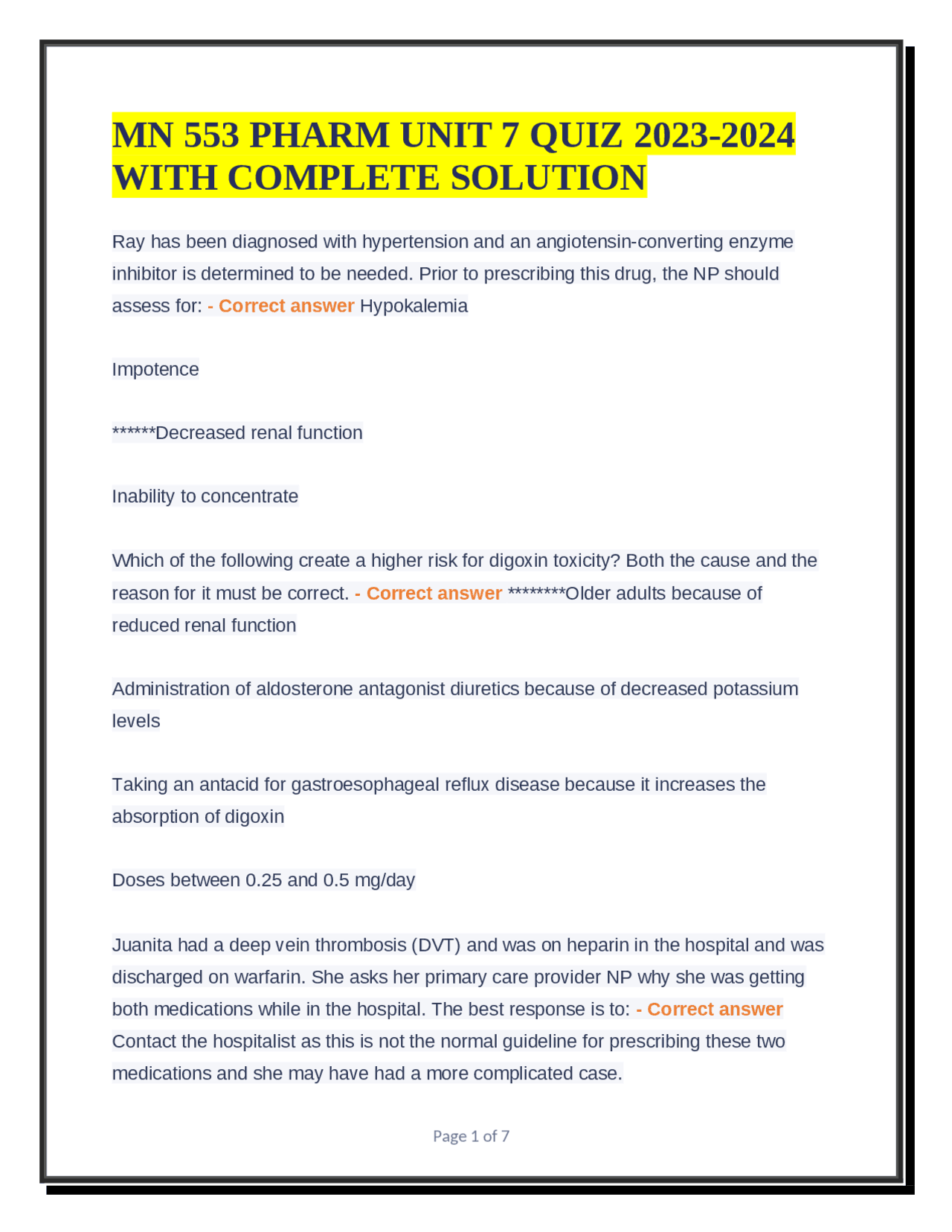 Pharmacology Unit 7 Quiz Solutions for Nursing Students | Exams ...