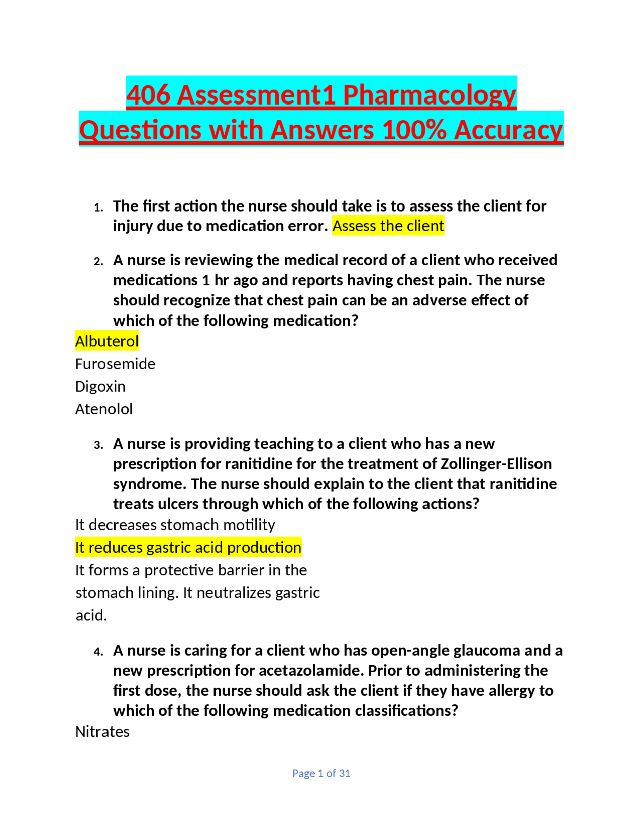 406 Assessment1 Pharmacology Questions with Answers 100% Accuracy ...