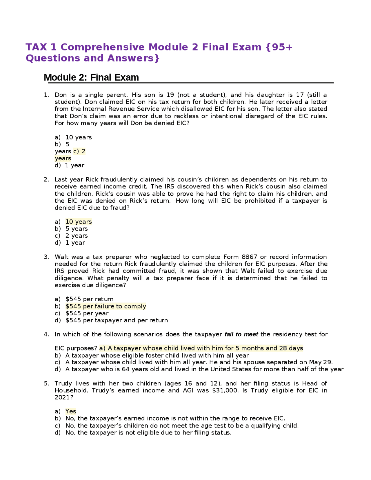 TAX 1 Comprehensive Module 2 Final Exam {95+ Questions and Answers} | Exams Business Taxation ...