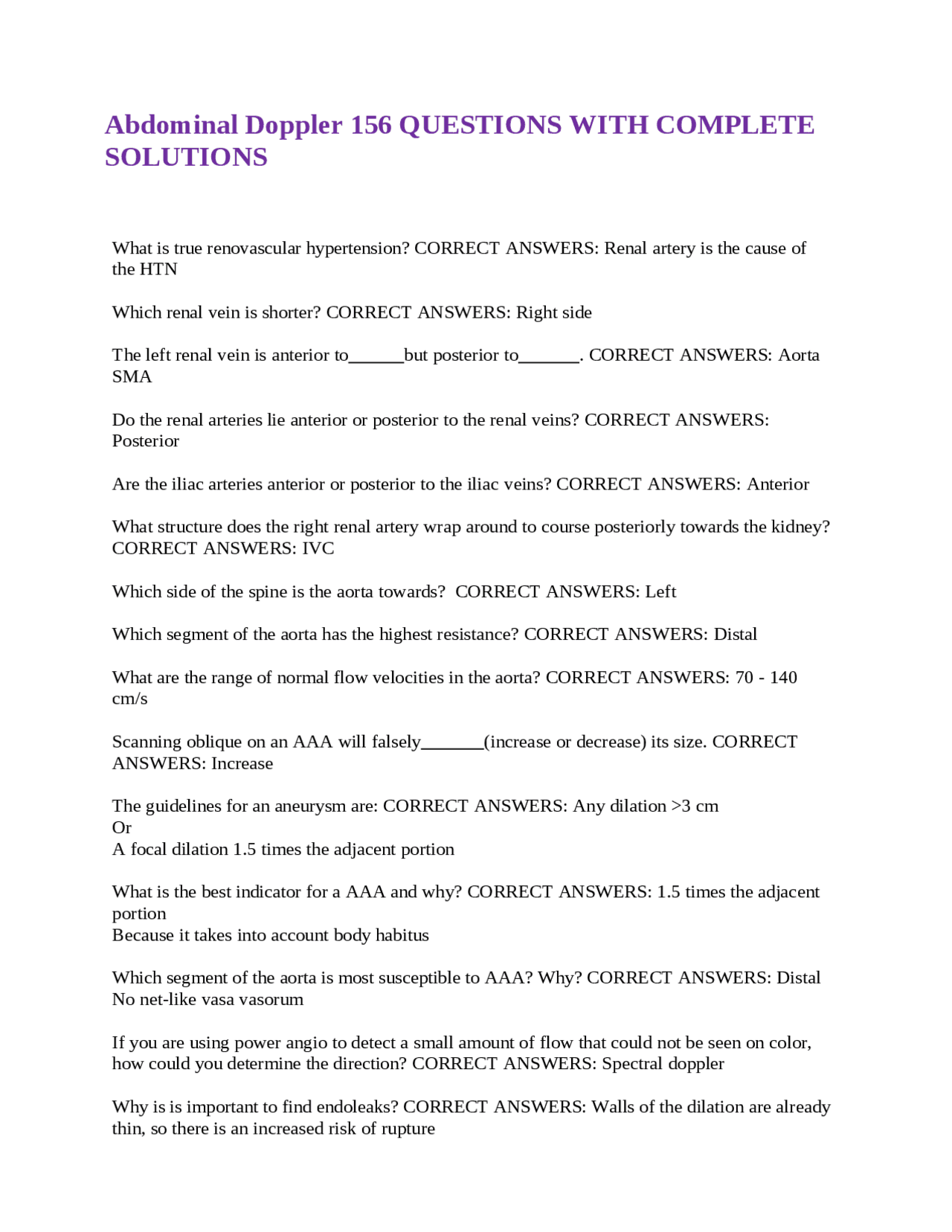 Abdominal Doppler 156 QUESTIONS WITH COMPLETE SOLUTIONS | Exams Nursing ...