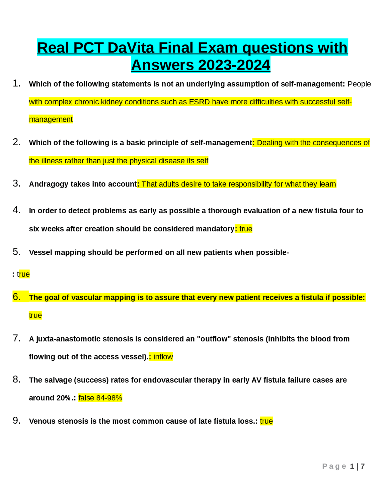 DaVita Final Exam Questions and Answers for 2023-2024 | Exams Nursing ...