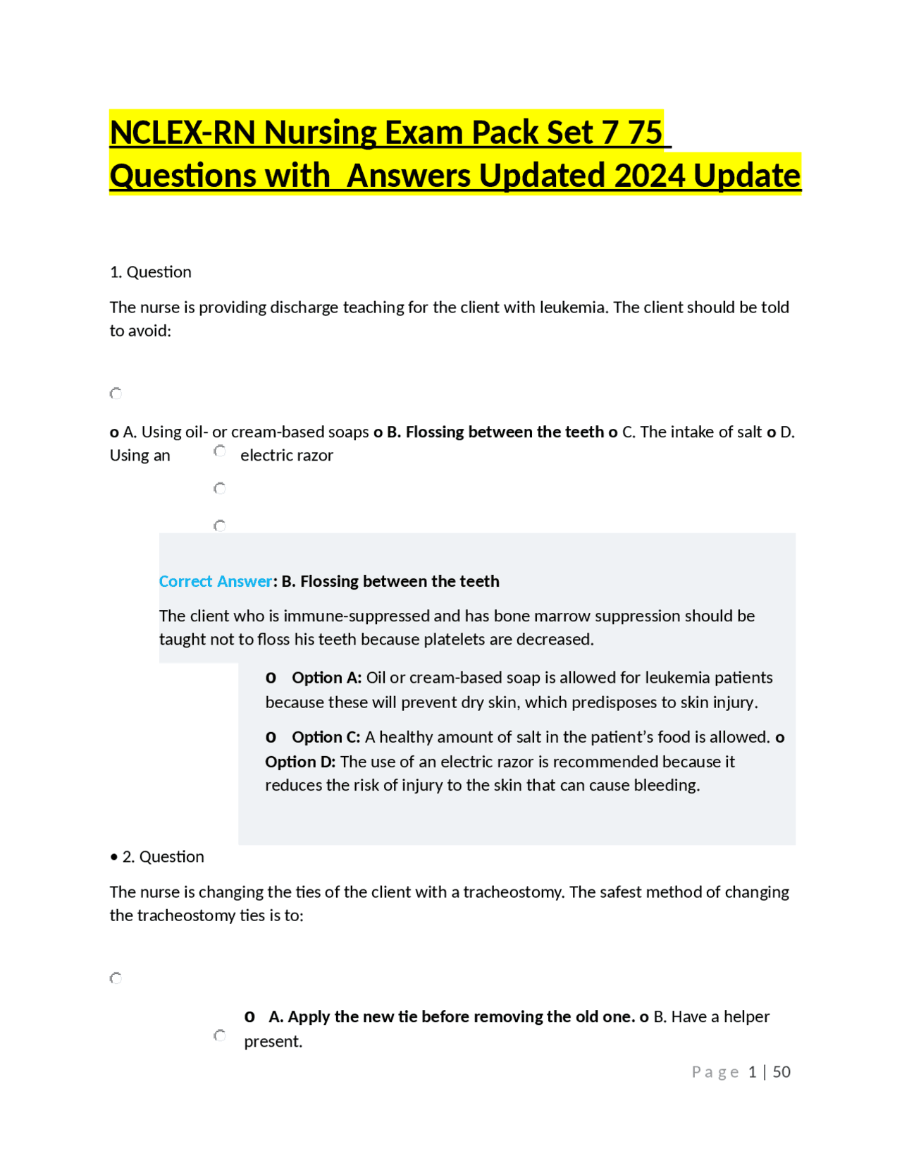 NCLEX-RN Nursing Exam Pack Set 7 75 Questions with Answers Updated 2024 Update | Exams Nursing ...