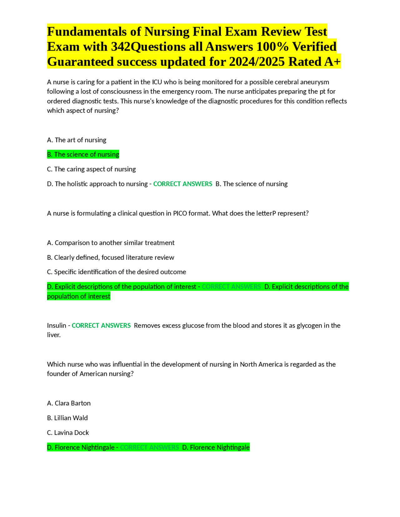 Fundamentals of Nursing Final Exam Review Test Exam with 342Questions ...