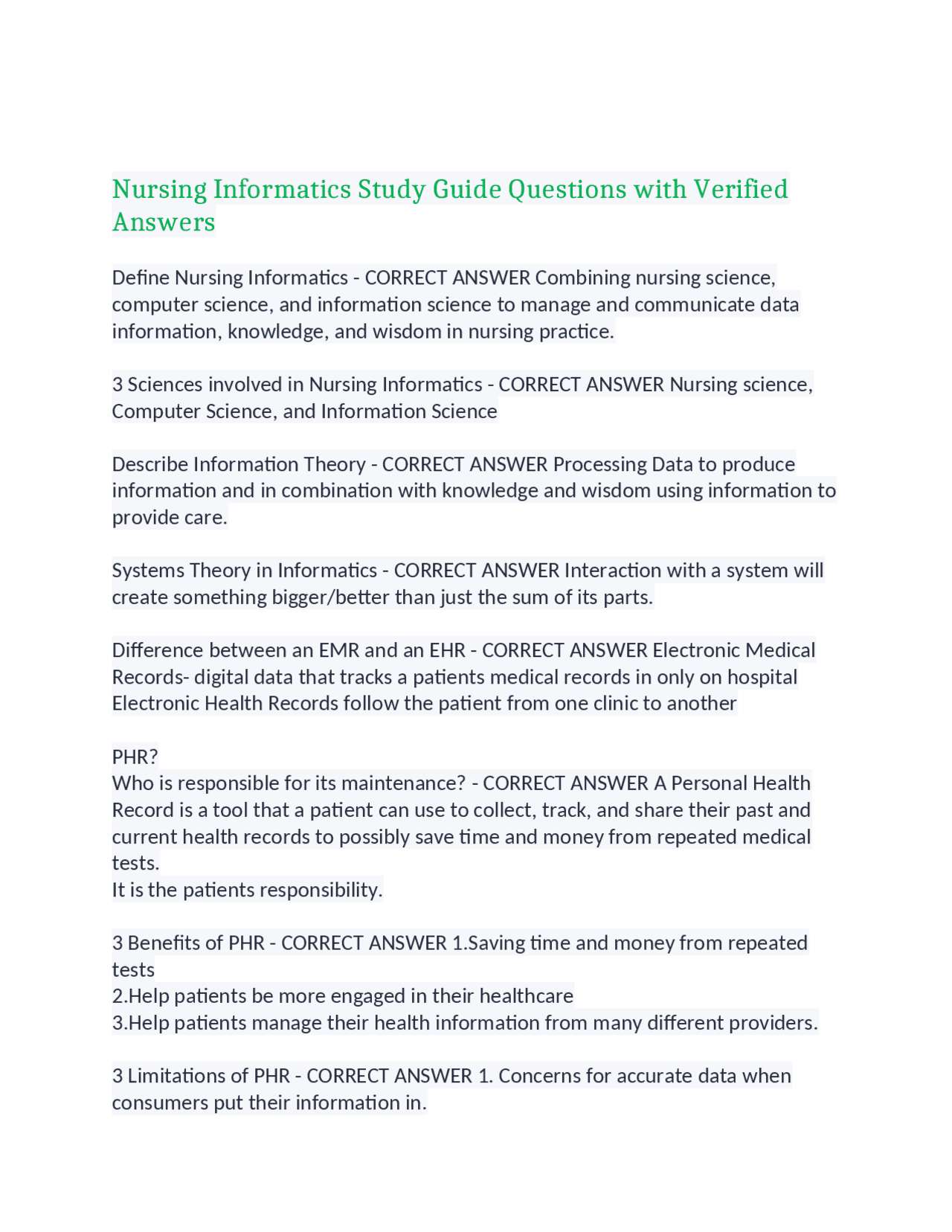 Nursing Informatics Study Guide Questions And Answers Study Notes