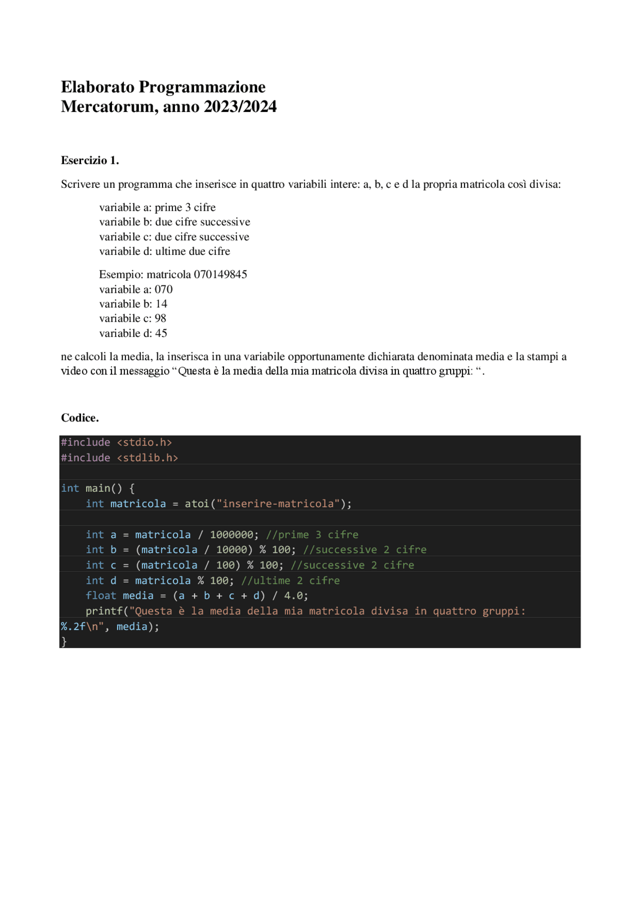 ELABORATO Programmazione Mercatorum 2023/2024 | Esercizi di Programmazione C | Docsity