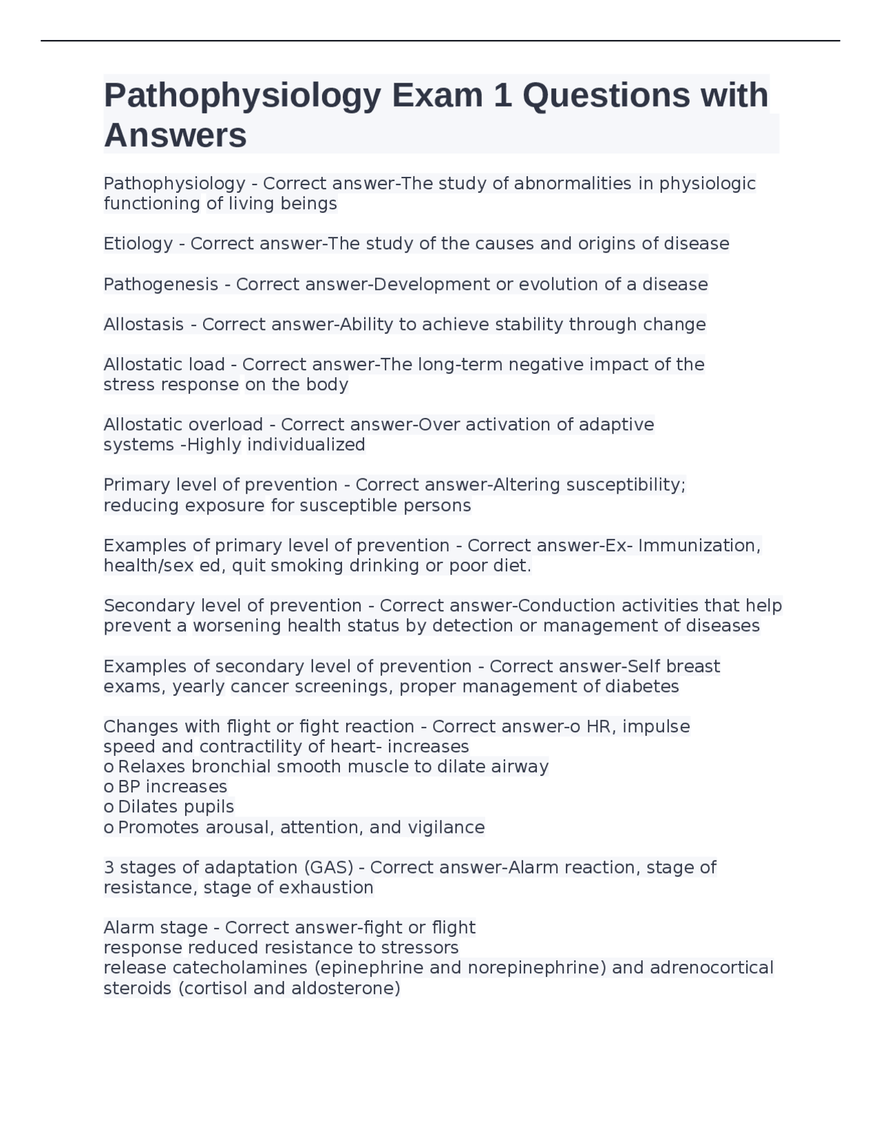 Pathophysiology Exam 1 Questions with Answers | Exams Pathophysiology | Docsity