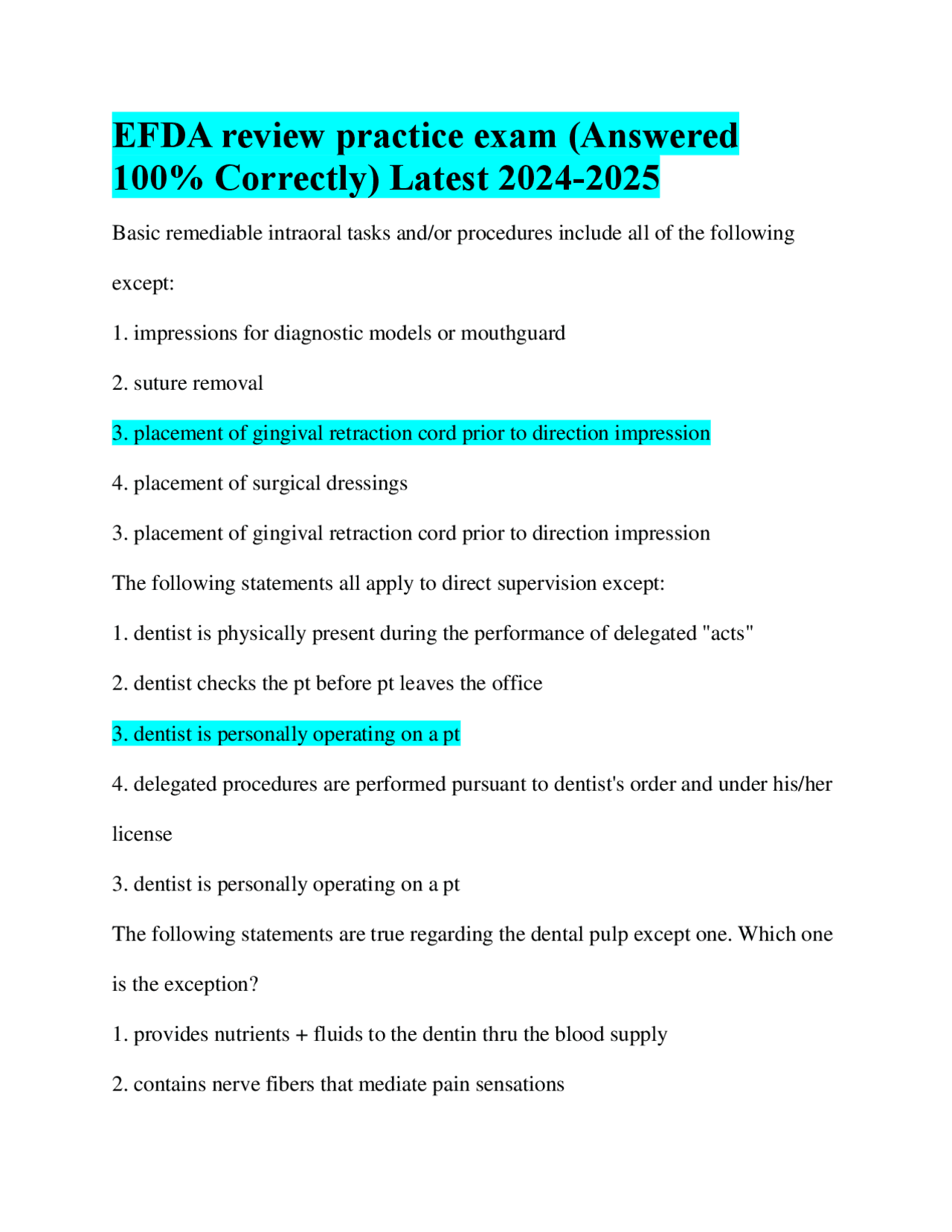 EFDA review practice exam (Answered 100% Correctly) Latest 2024-2025 ...