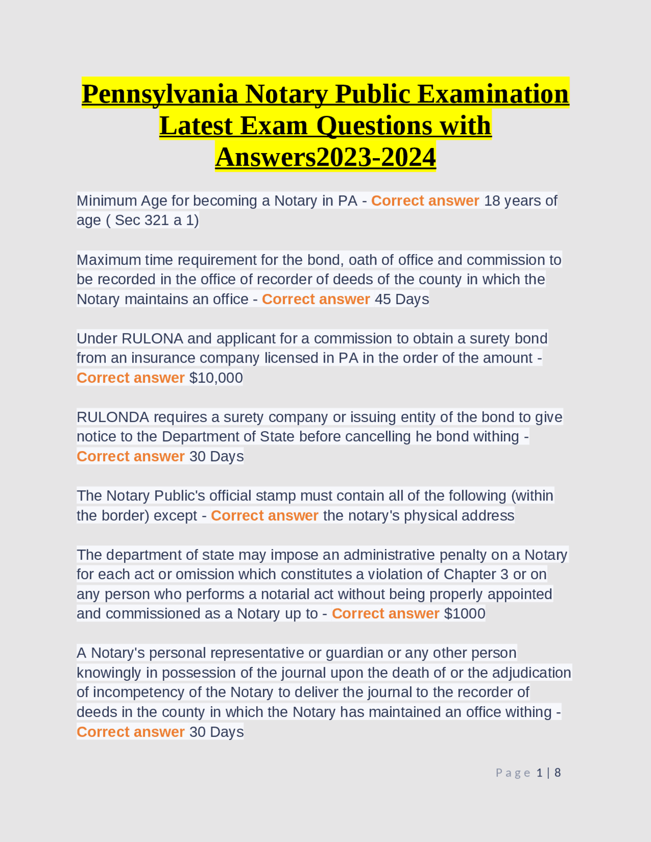 Pennsylvania Notary Public Examination Latest Exam Questions with ...