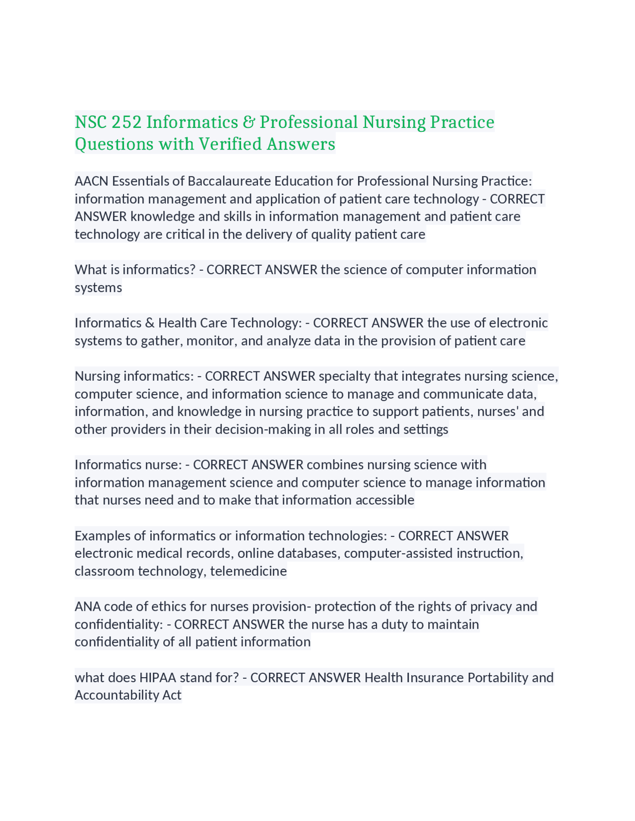 NSC 252 Informatics & Professional Nursing Practice Questions with ...