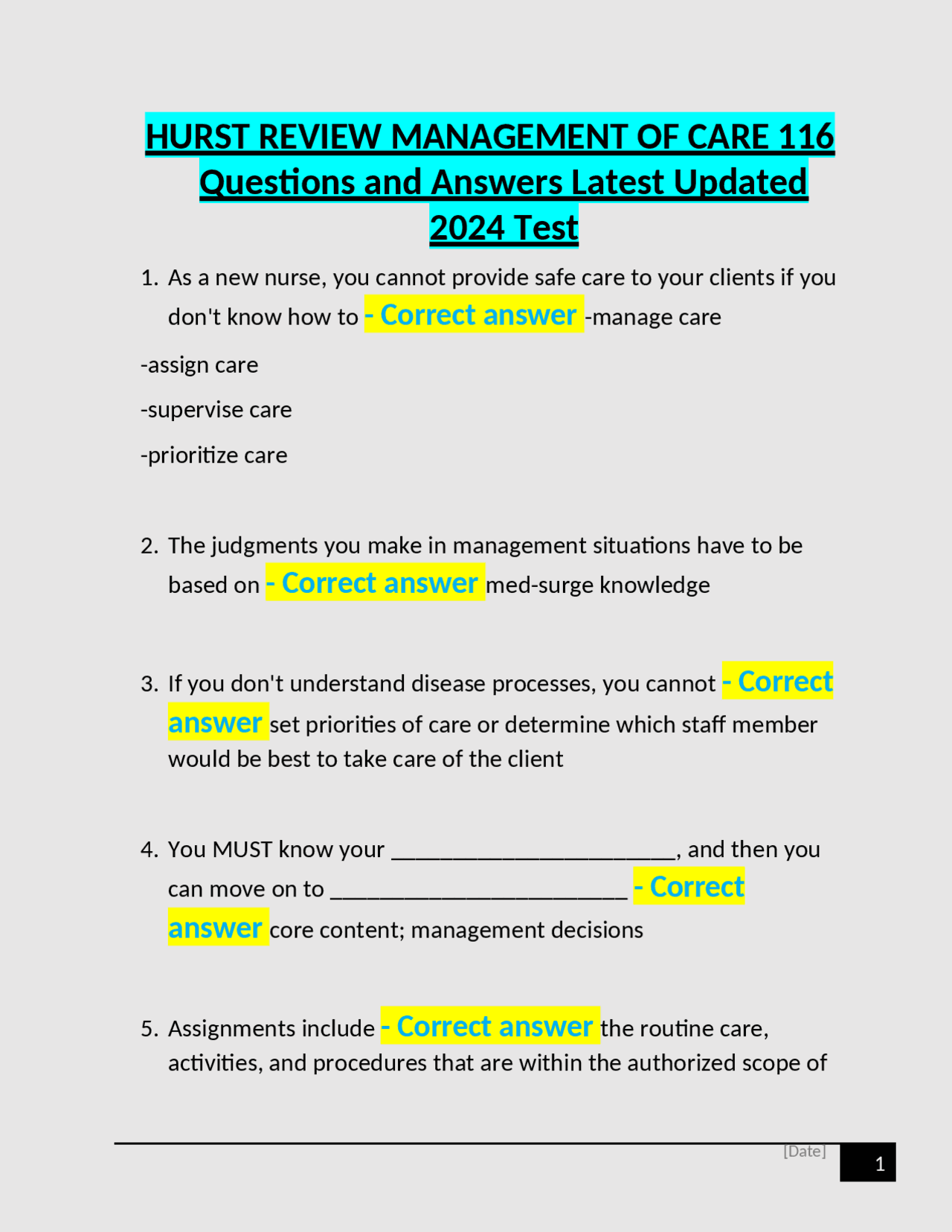 HURST REVIEW MANAGEMENT OF CARE 116 Questions and Answers Latest ...