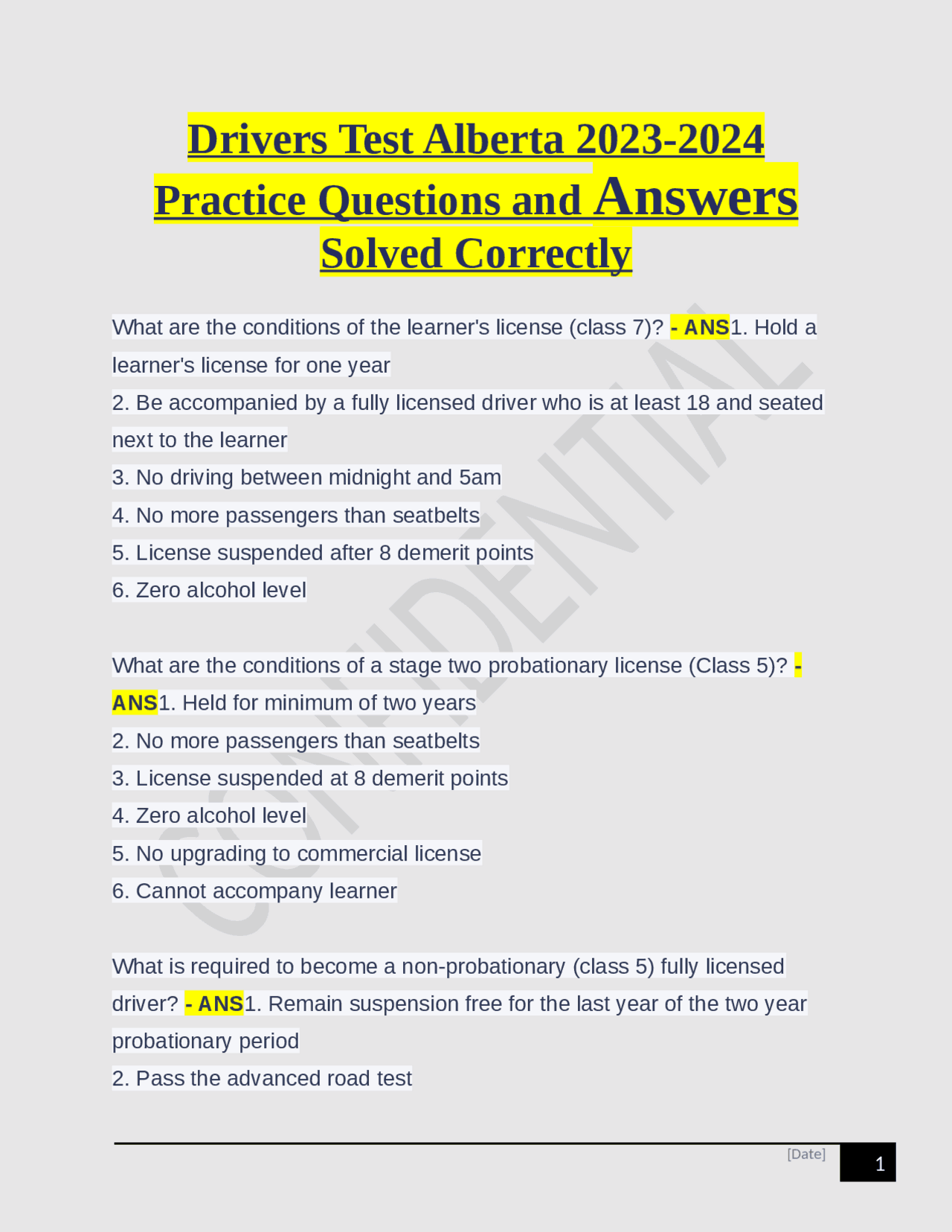 Alberta Driver's License Practice Questions and Answers for Class 7 and ...