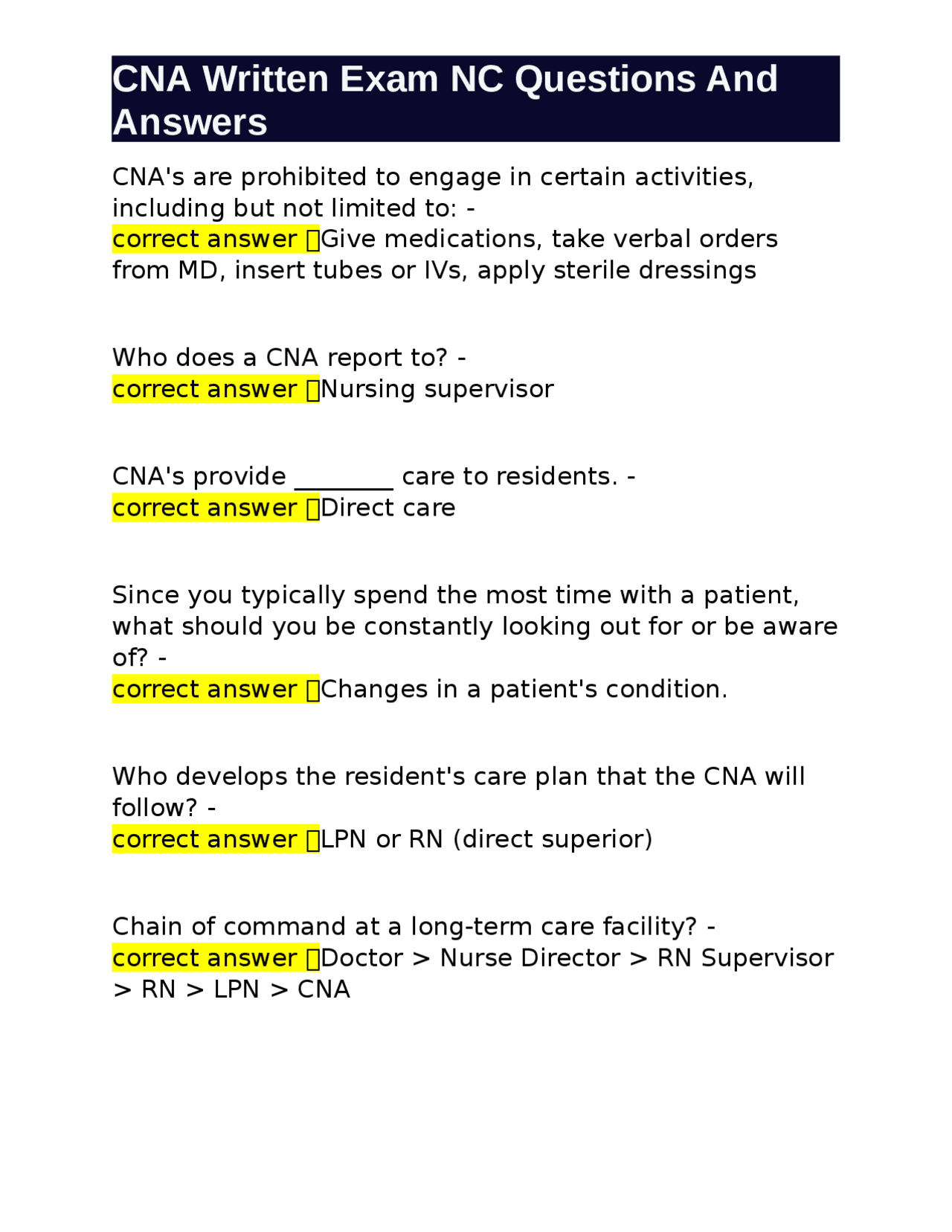CNA Written Exam NC Questions And Answers | Exams Nursing | Docsity
