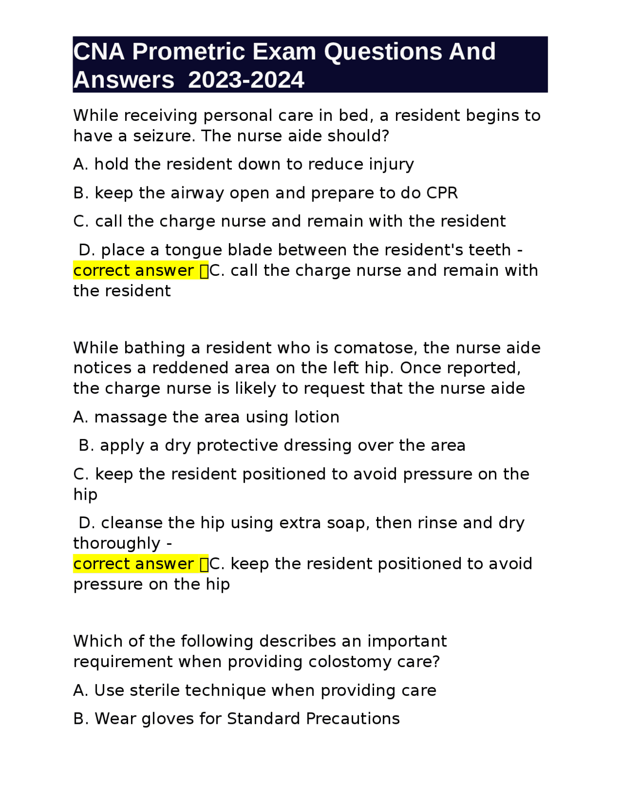 CNA Prometric Exam Questions and Answers 2023-2024 | Exams Nursing ...