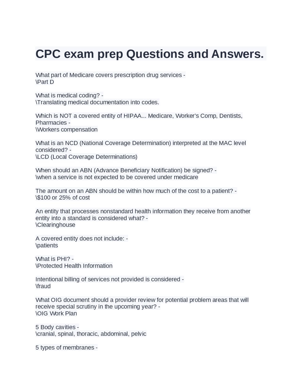 CPC Exam Preparation: Medicare, Coding, and Anatomy Questions and ...