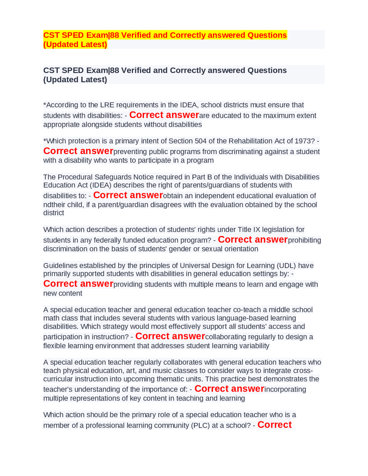 CST SPED Exam|88 Verified and Correctly answered Questions (Updated ...