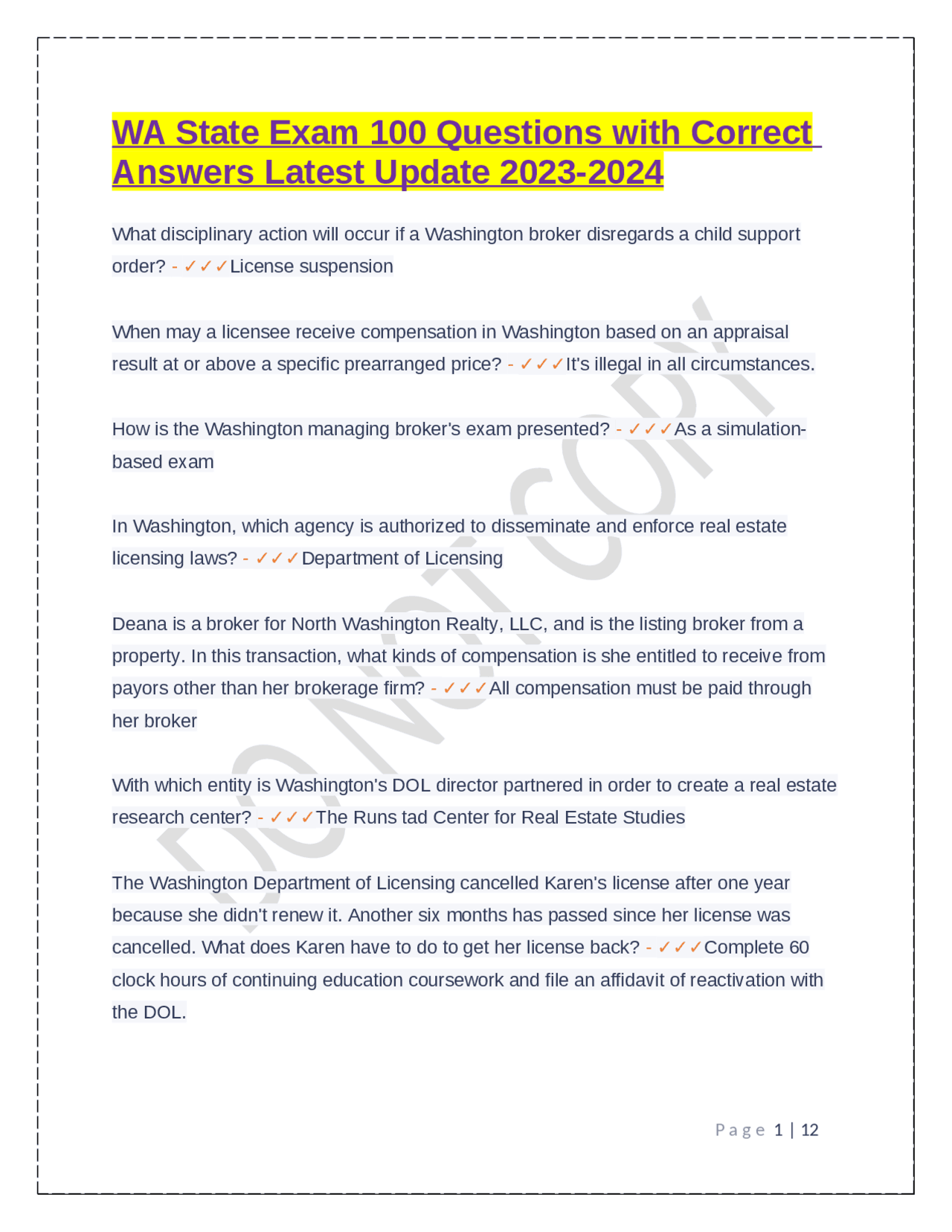 WA State Exam 100 Questions with Correct Answers Latest Update 2023 ...