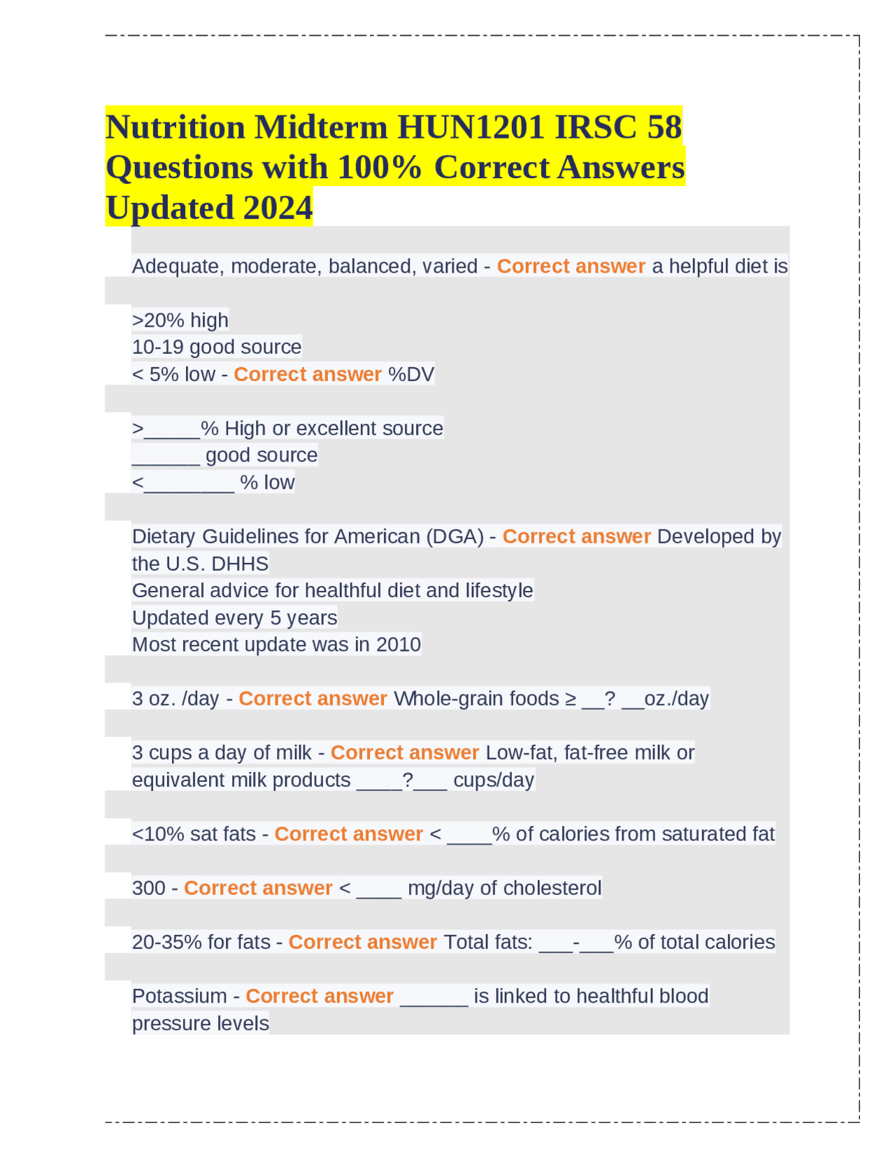 Nutrition Midterm HUN1201 IRSC 58 Questions with 100% Correct Answers Updated 2024 | Exams ...