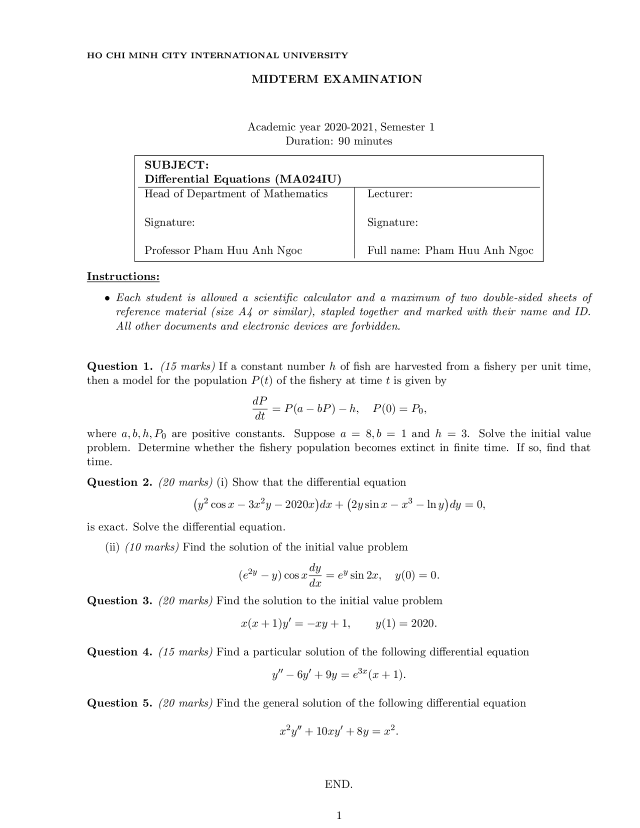Midterm exam - practice | Exams Differential Equations | Docsity