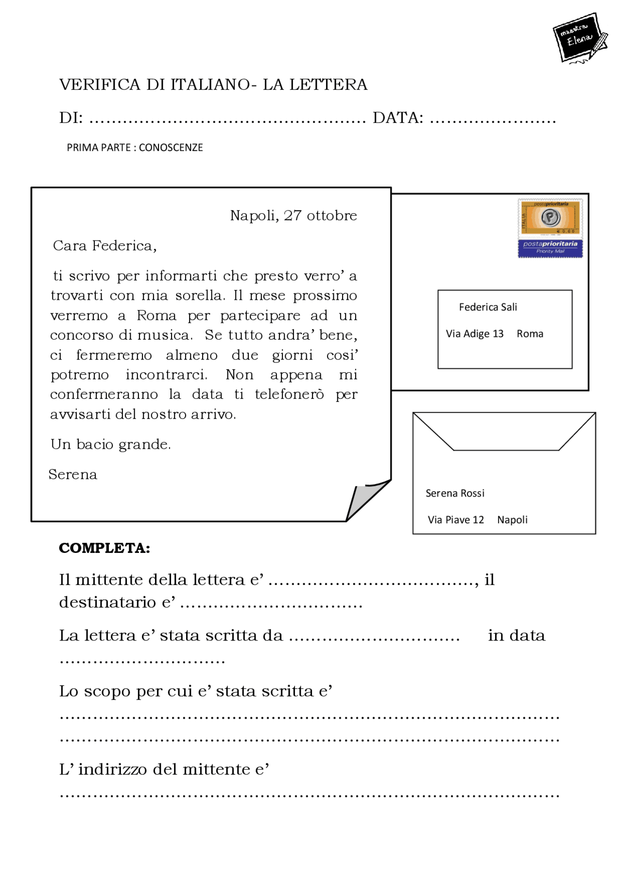 verifica italiano classe primaria | Esercizi di Italiano | Docsity