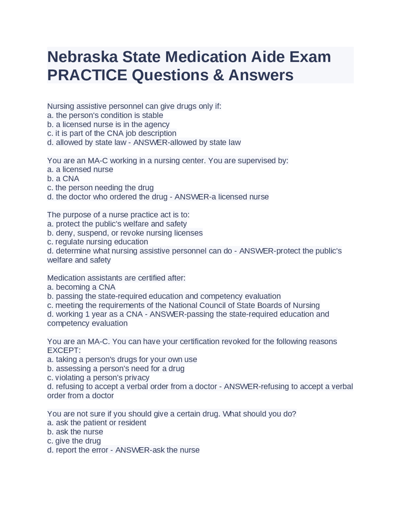 Nebraska State Medication Aide Exam Practice Questions & Answers ...