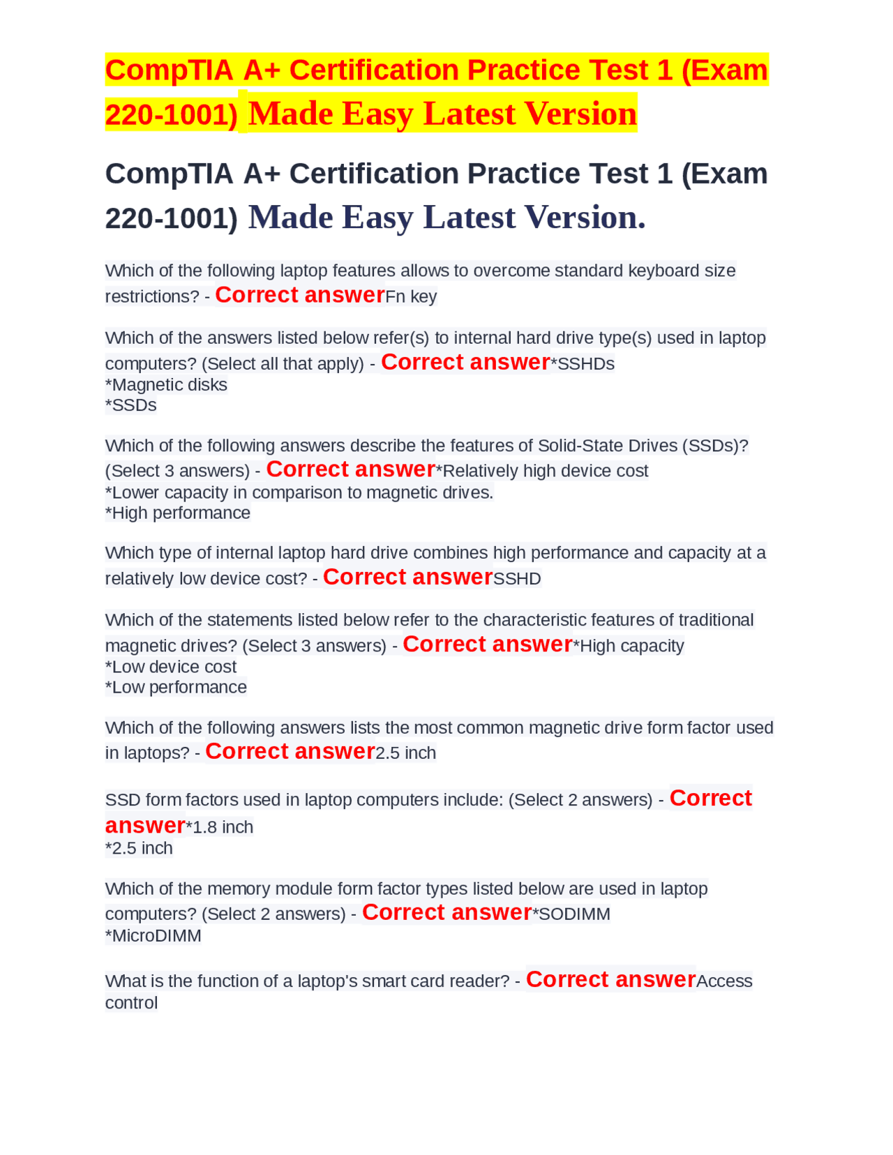 CompTIA A+ Certification Practice Test 1 (Exam 220-1001) Study Notes ...