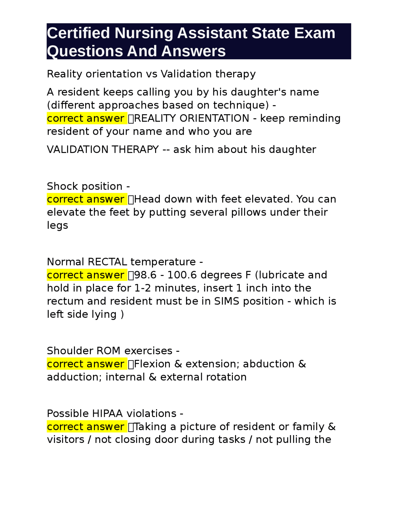 Certified Nursing Assistant State Exam Questions and Answers | Exams ...