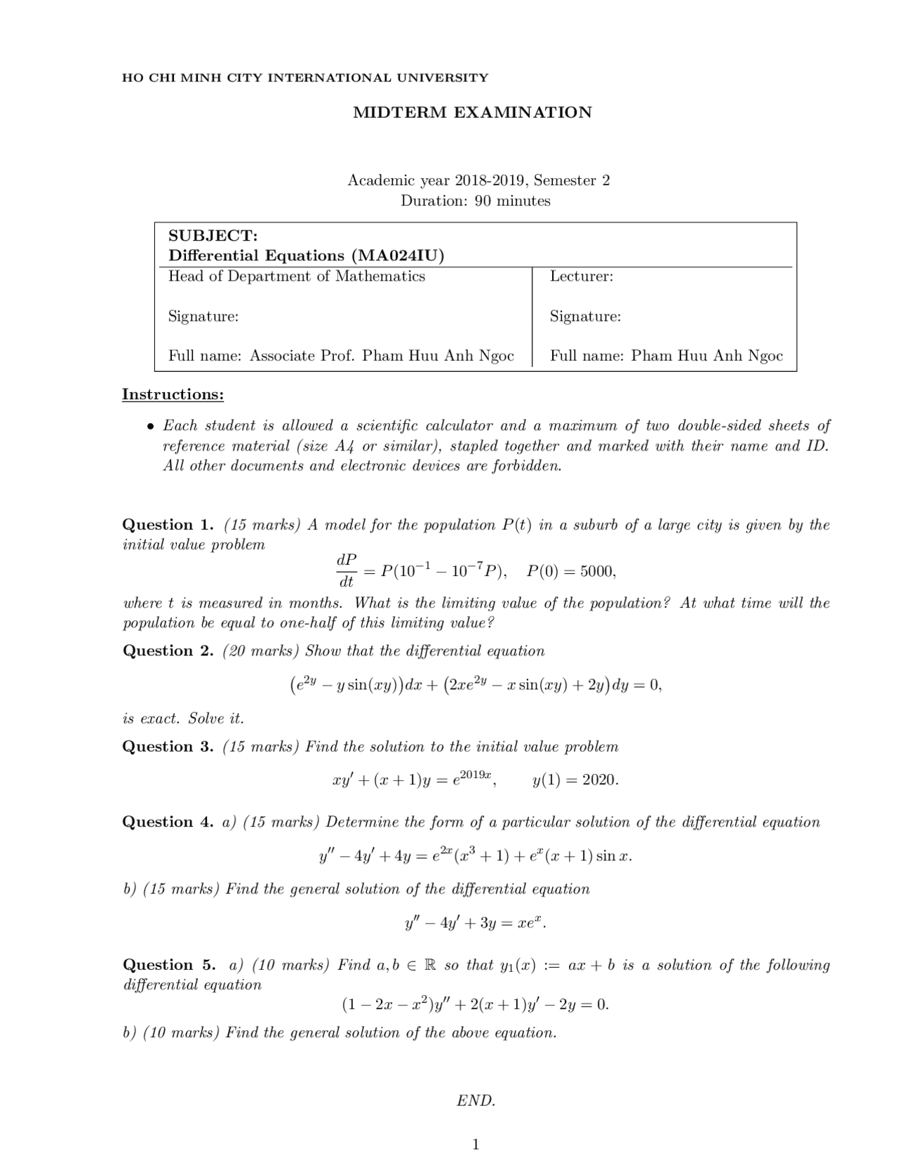 Midterm exam - practice | Exams Differential Equations | Docsity