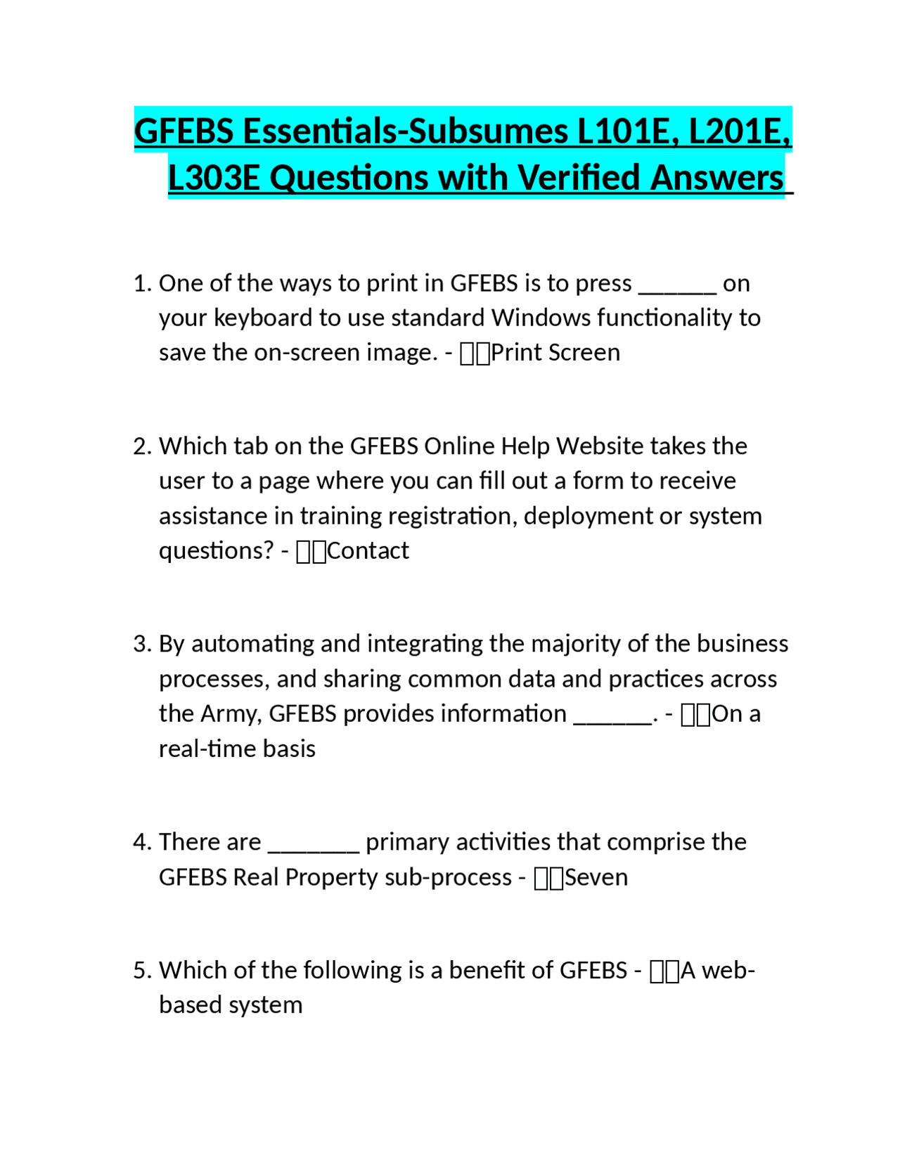 GFEBS Essentials-Subsumes L101E, L201E, L303E Questions with Verified ...