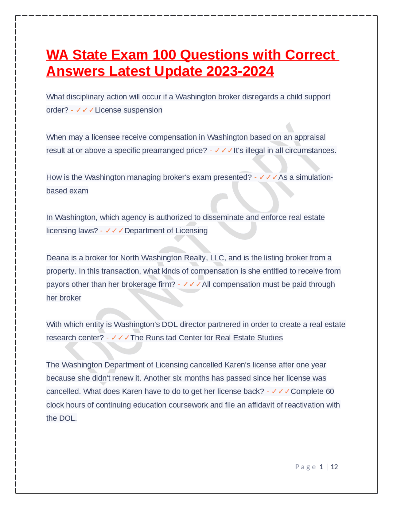 WA State Exam 100 Questions with Correct Answers Latest Update 2023 ...