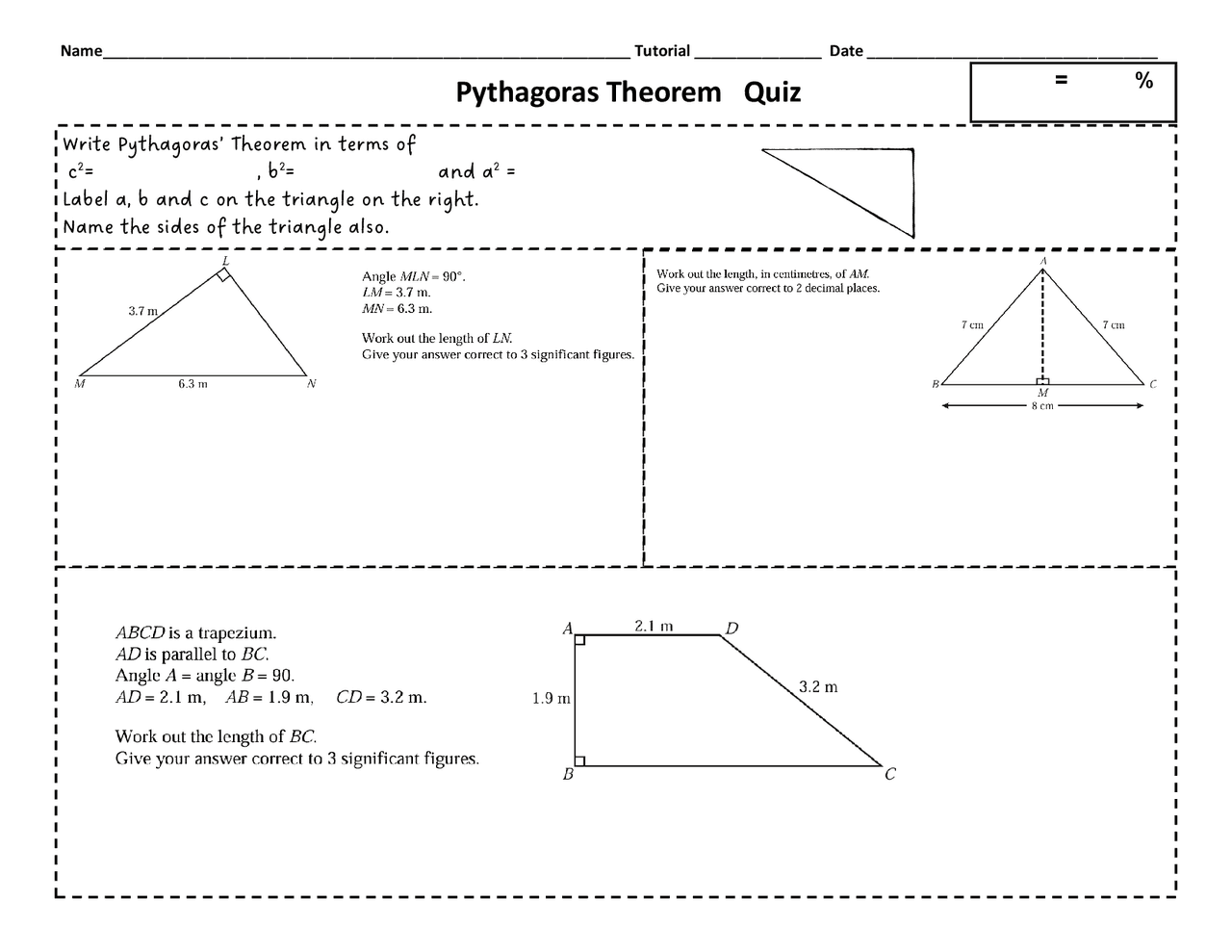 Pythagoras Theorem Quiz Year 9 | Quizzes Mathematics | Docsity