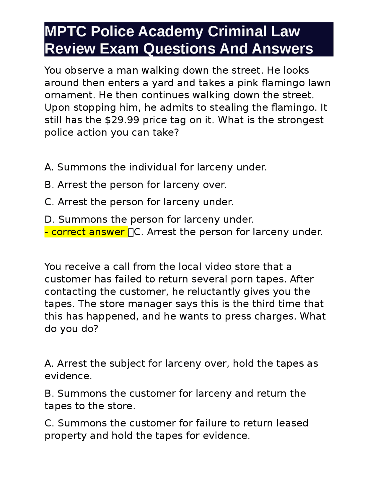 MPTC Police Academy Criminal Law Review Exam Questions And Answers ...