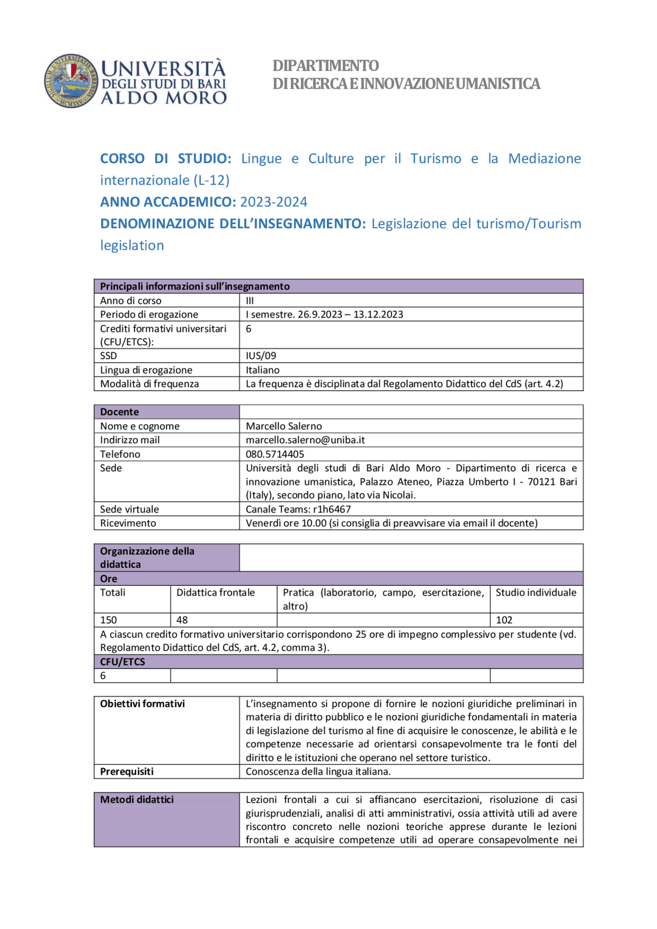 programma d'esame 23 24 | Schemi e mappe concettuali di Diritto del turismo | Docsity
