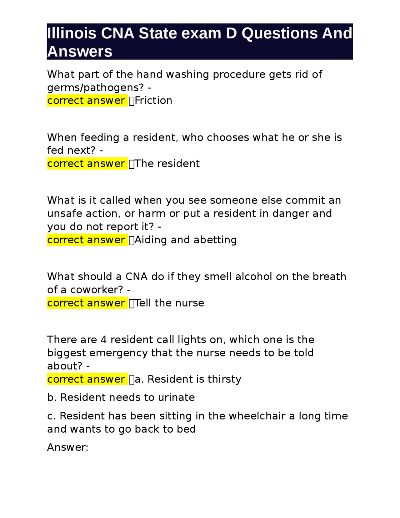 Illinois CNA State exam D Questions And Answers | Exams Nursing | Docsity