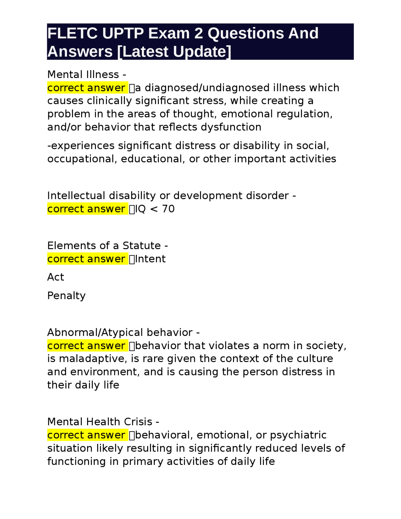 FLETC UPTP Exam 2 Questions and Answers: Criminal Law and Mental Health ...