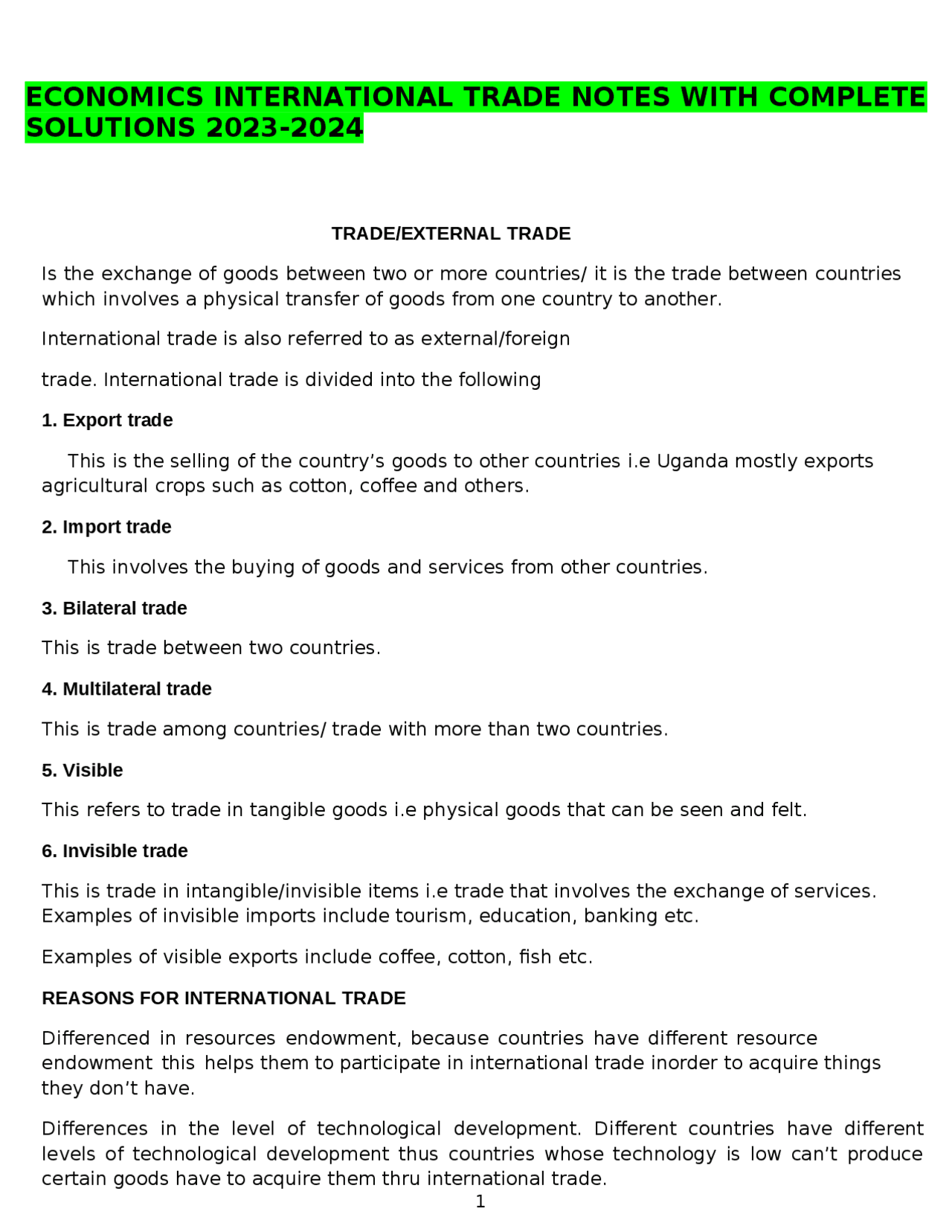 ECONOMICS INTERNATIONAL TRADE NOTES WITH COMPLETE SOLUTIONS 2023-2024 ...