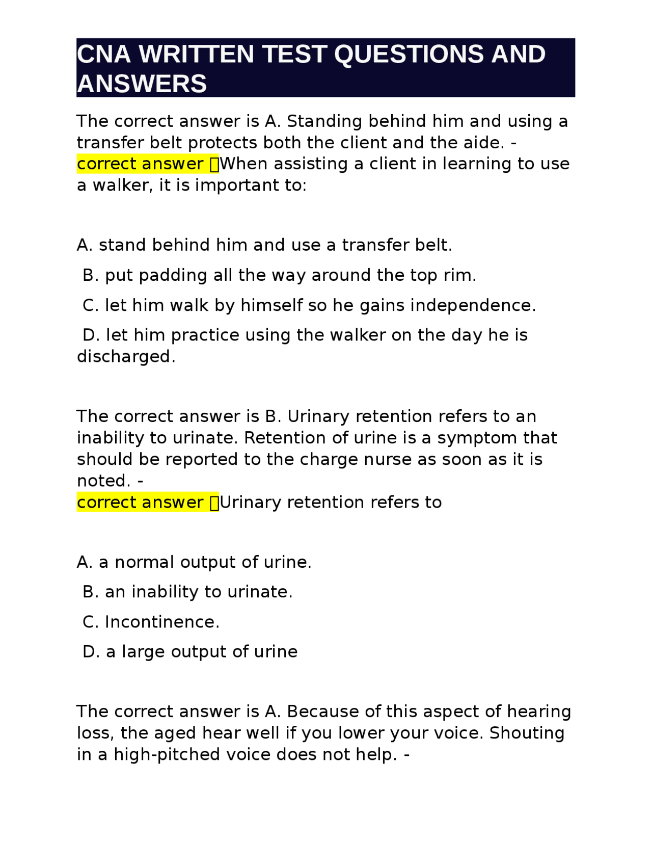 CNA Written Test Questions and Answers for Nursing Assistants | Exams ...