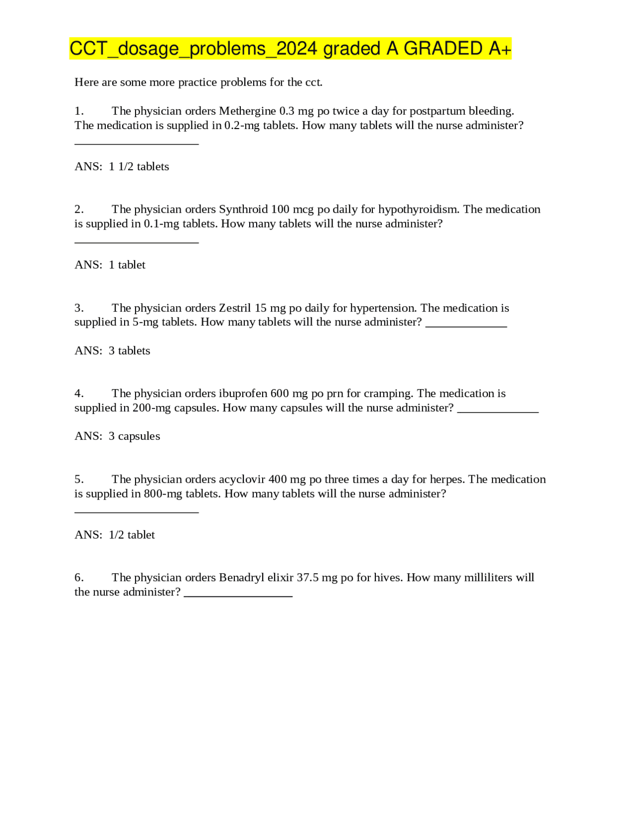 Pharmacology Practice Problems for CCT Dosage Calculation | Exams ...