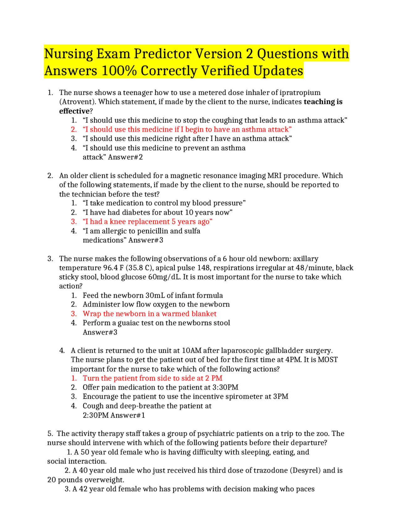 Nursing Exam Predictor Version 2 Questions with Answers 100% Correctly ...
